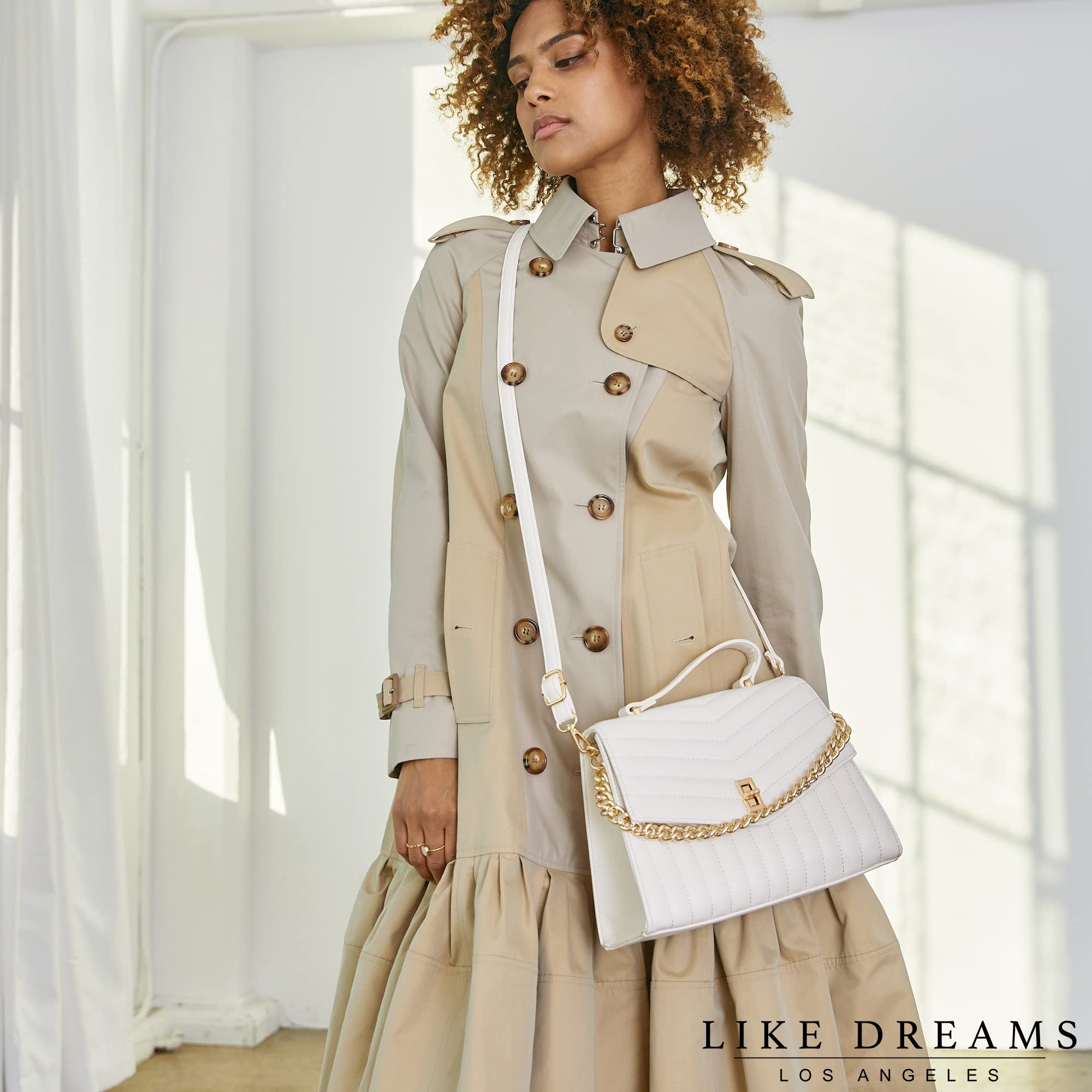 Like Dreams Classic Fashion Purses for Women Quilted Vegan Leather Satchel Top Handle Handbag (Beige)