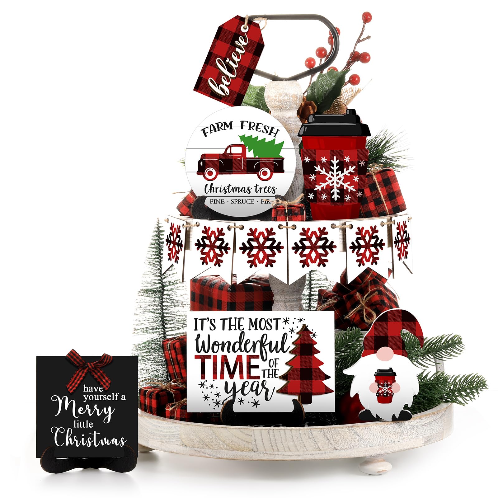 Jetec 12 Pcs Christmas Tier Tray Decoration Christmas Signs Tier Tray Decor Mini Christmas Decoration for Xmas Decoration Home House Farmhouse Party Christmas Decoration (Plaid)