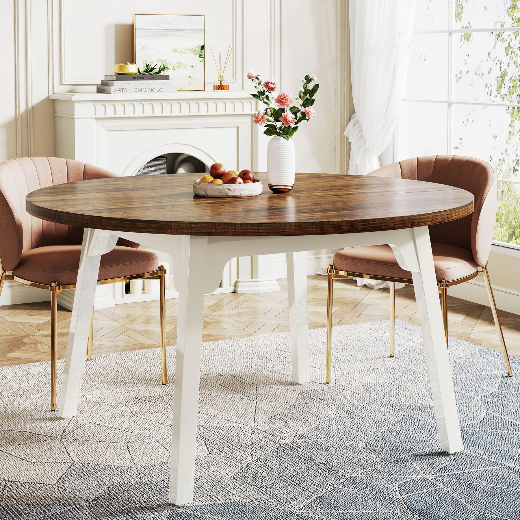 Tribesigns Round Dining Table for 4-6 People, 47-Inch Farmhouse Dinning Room Table Circle Kitchen Table, Industrial Dinner Table with Solid Wood Legs for Kitchen, Living Room, White and Brown