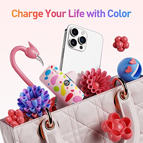 iWALK Small Portable Charger with Pattern, 4800mAh Colorful Mini Power Bank PD Fast Charging Cute Battery Pack with LED Display Compatible with iPhone 14/14 Pro Max/13/12/11/X/8/7/6 Series, Pink