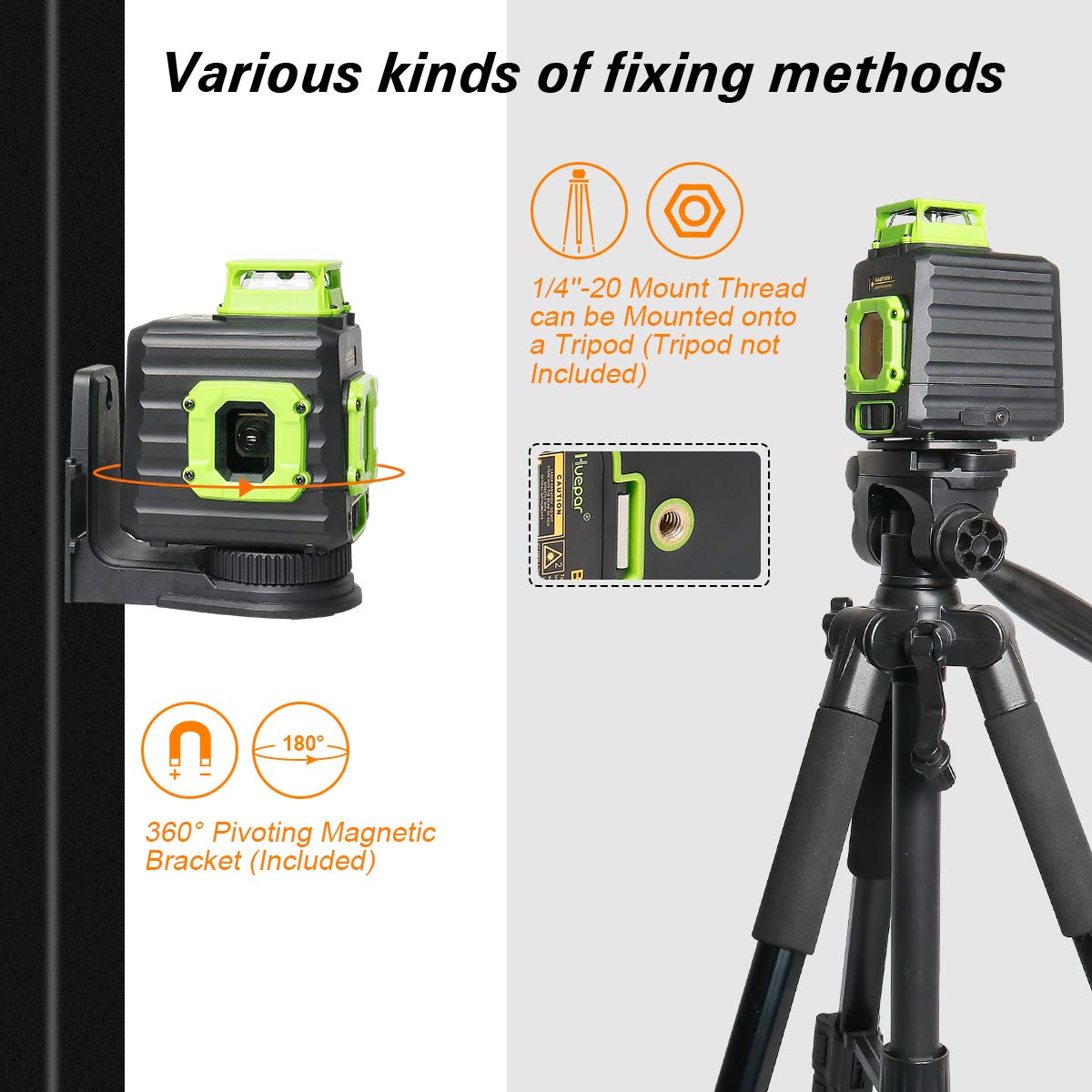 Huepar Cross Line Laser Level, Green 360° Horizontal and Two Vertical Lines, Self-Leveling Alignment Multi Line Laser Tool, Li-ion Battery with Type-C Charging Port & Hard Carry Case Included - B21CG