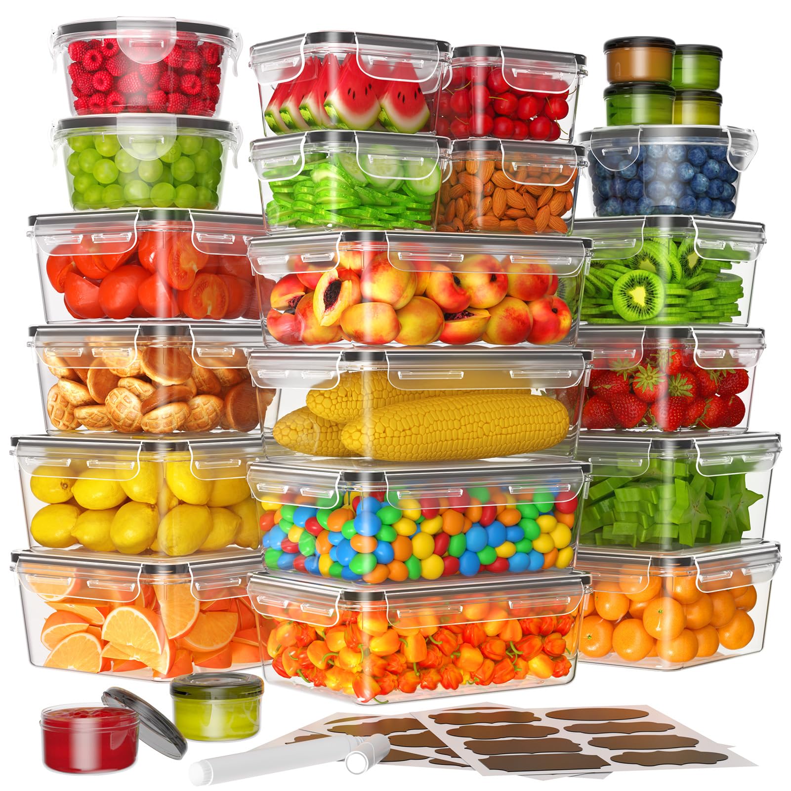 KEMETHY 50 PCS Food Storage Containers with Lids Airtight, Extra Large to Small Containers-Total 581.2oz, Kitchen Organization, Stackable, BPA-Free, Leak-Proof, Labels & Marker Pen