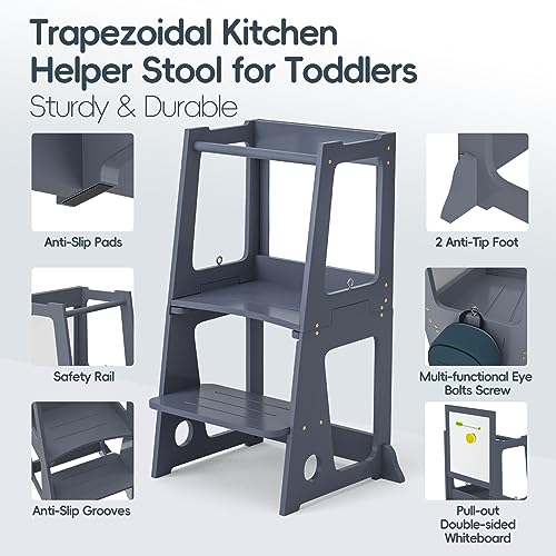 Kitchen Toddler Tower, Toddler Step Stool Learning Standing Tower with Whiteboard 2 in 1 Convertible Table and Chair, Removable Safety Rail, Widened Platforms for Kitchen Counter Bathroom Sink