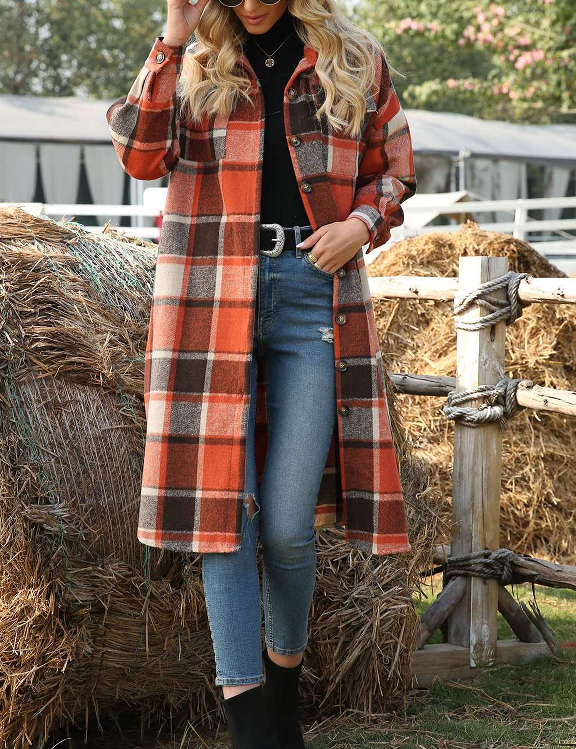 Himosyber Women's Casual Plaid Lapel Woolen Button Up Pocketed Long Shacket Coat (Red-S)