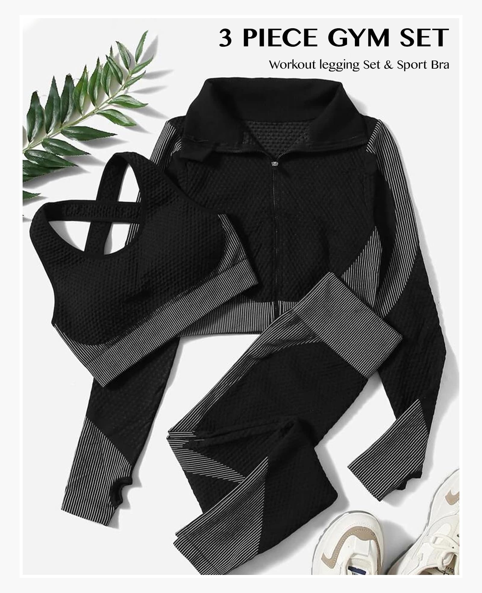 JOYMODE Workout Sets for Women Longsleeve Active Wear Outfits Crop Top High Waist Sport Bra Leggings Set