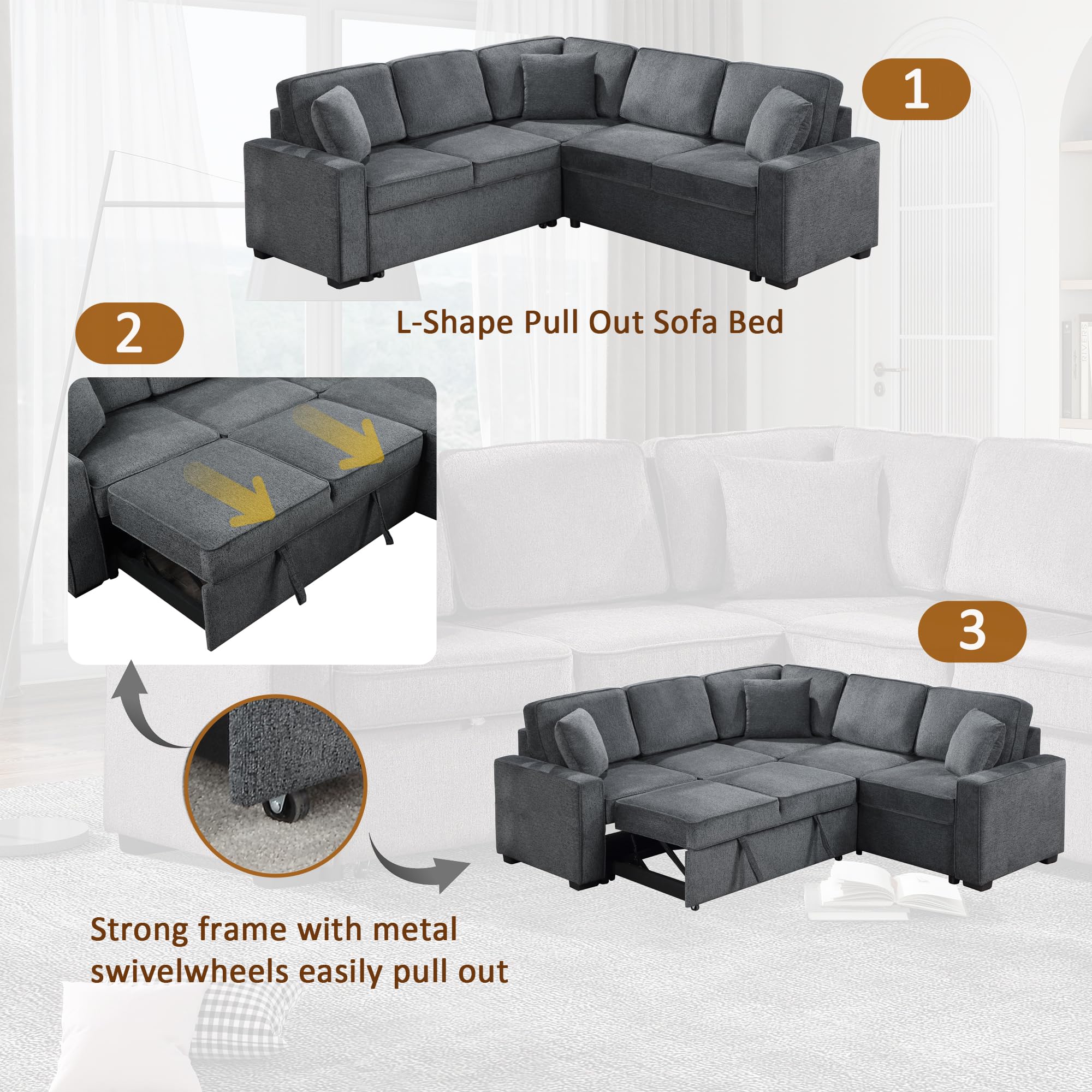 THSUPER 82'' Chenille L-Shaped Sleeper Sectional Sofa with Pull-Out Bed & Reversible Convertible Feature for Living Room, 5-Seater with 3 Pillows Included. Dark Grey