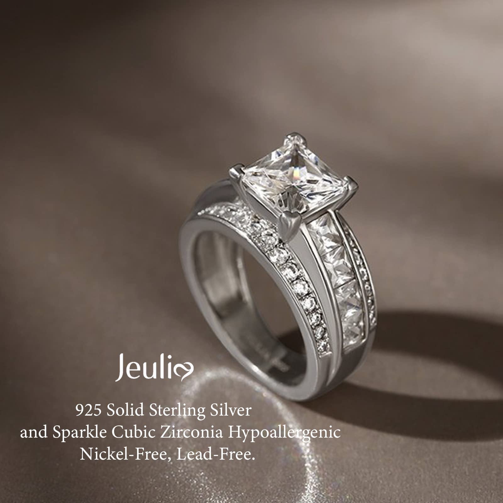 Jeulia Classic Princess Cut Sterling Silver Ring Cubic Zirconia Wedding Diamond Band Rings Engagement Bridal Anniversary Rings for her (Silver, 9.5)