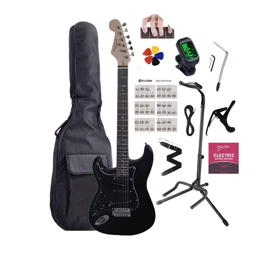 Left handed Electric Guitar 39 inch Full Size for Beginners with Gig bag Stand eTuner Capo Strap 5 picks Extra string set Patch cord String winder Tremolo arm wrenches Basic Chord scale (Black)