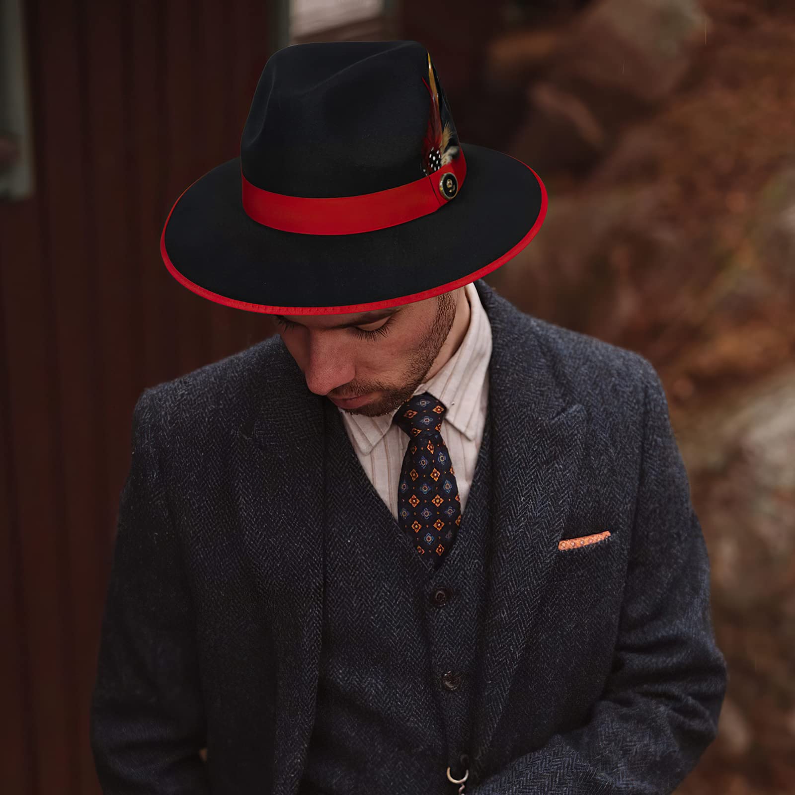 Kalerona Black Fedora Hat for Men & Women Red Trim with Band and Feathers and Decorative Buckle