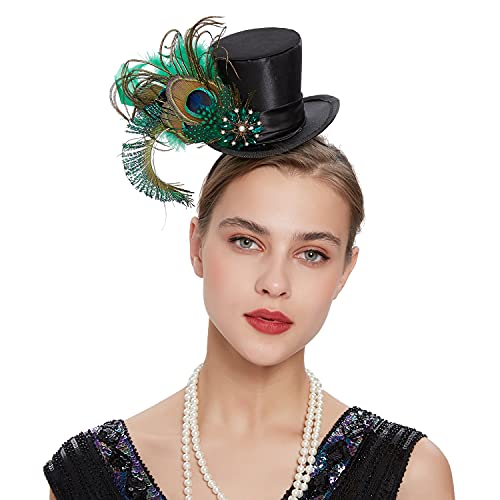 LATIMOON Mini Top Hat Fascinator Headband Peacock Feather Top Hat for Derby Tea Party