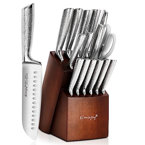 Knife Set, Emojoy 16-Piece Kitchen Knife Set with Block Wooden Carving Fork, Ripple German Stainless Steel Knife Block Set, Hollow Handle for Chef Knife Set with Sharpener and Scissors