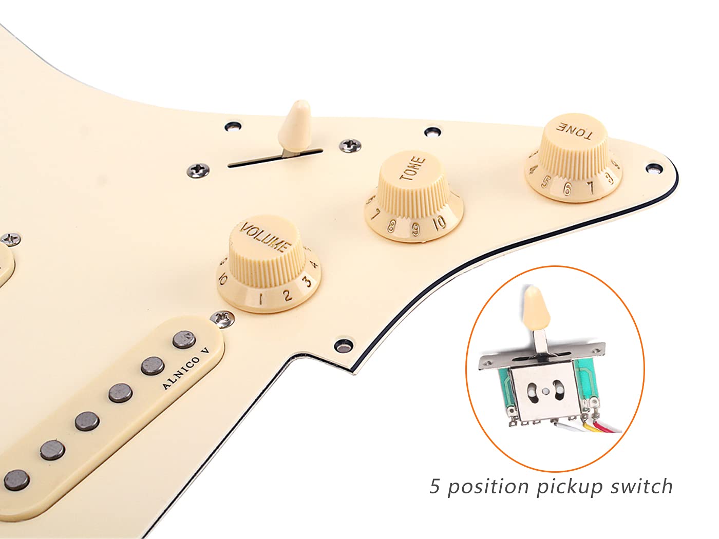 LAMSAM Prewired 6 String Electric Guitar Pickguard Loaded Modern Tone Single Coil Pickups, Pick Guards Wired Alnico 5 SSS Pickup Set Volume Tone Pots 5-way Switch, Backplate Included, Cream