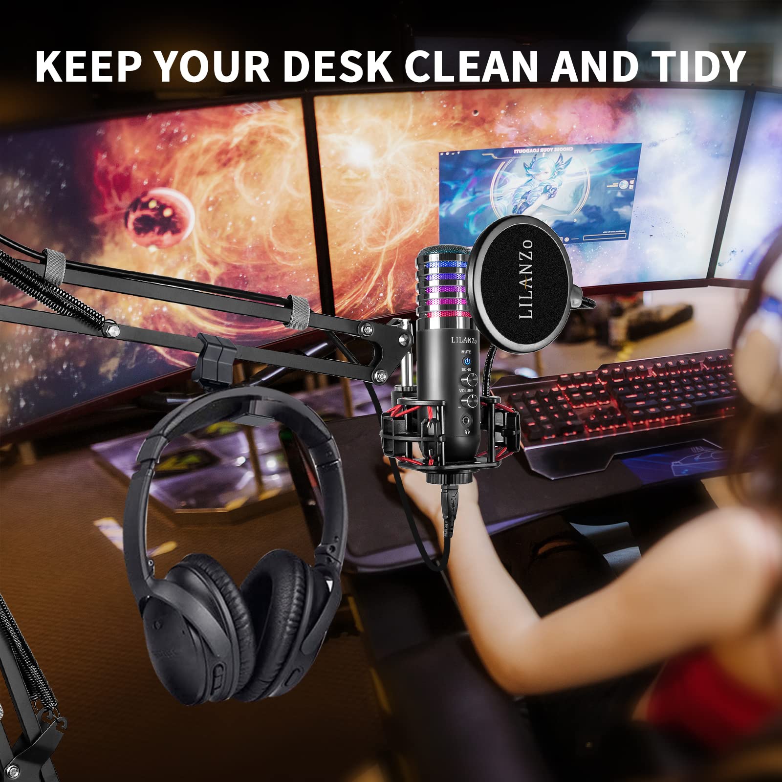 LILANZo Headphone Holder for Gaming Microphone Kit Microphone Stand with Mount Boom Arm, Headset Stand Clamp Hook for Table Phone Mount Stand Holder Desk Bed Mout