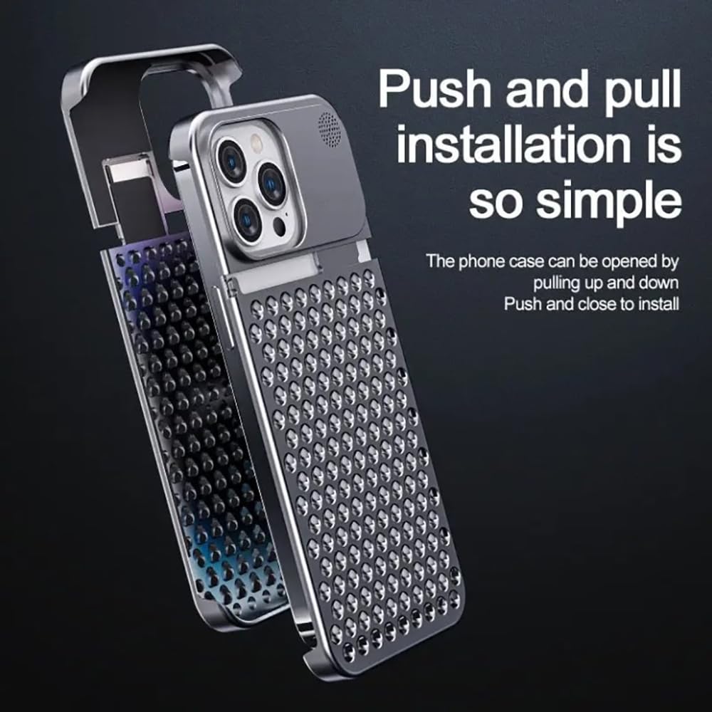 Icesoore Metal Vent Premium Aluminum Alloy for iPhone Case, Bdesktop Design Shop | Aromatherapy Phone Case Aluminum Alloy Anti-Fall Heat Dissipation Bezel Slim Case (for iPhone 14 Pro, Gray)