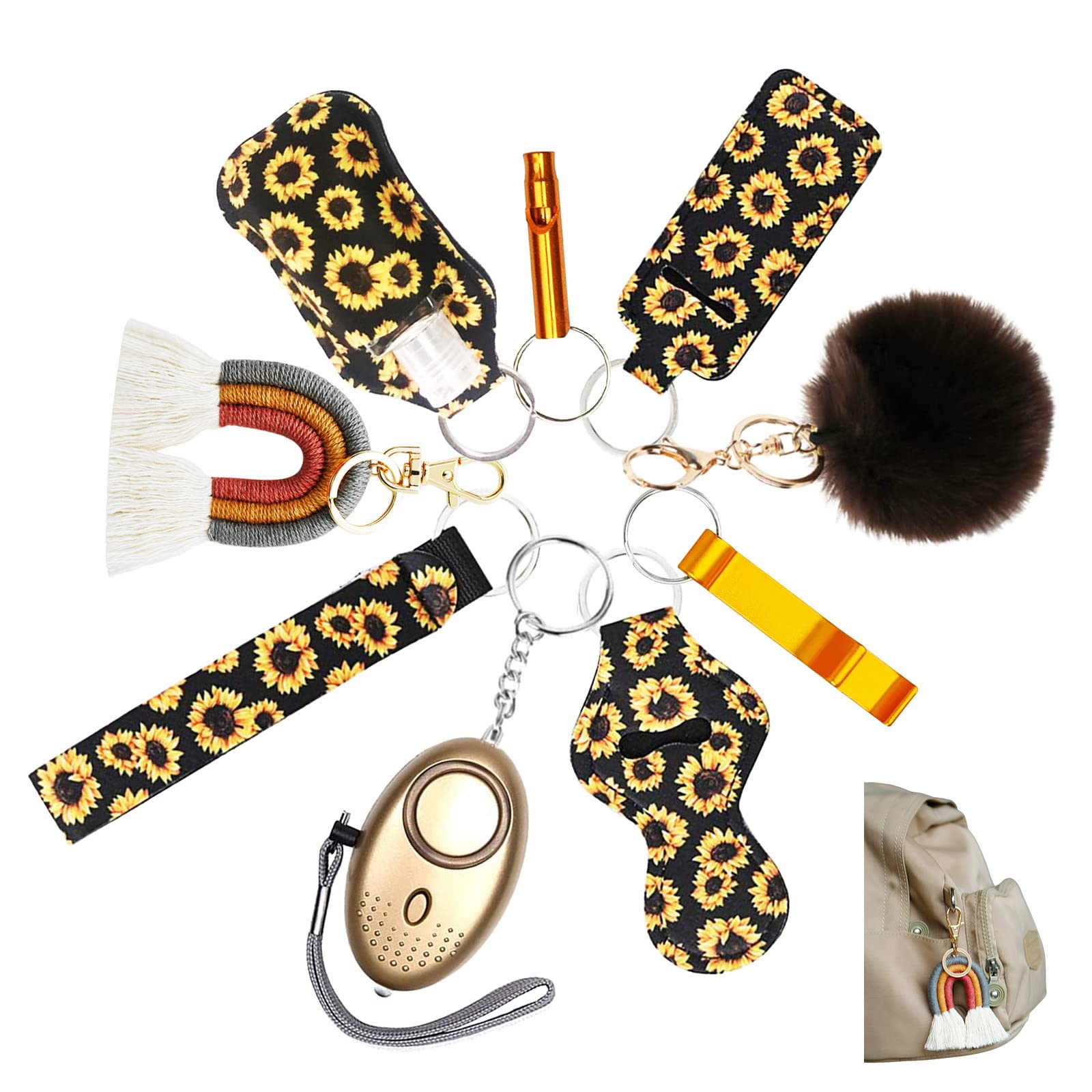 LQMIZ Safety Keychain Set for Women Girls with Personal Safety Alarm, Wristlet, Pompom ,Rainbow Tassel KeyChain Accessories Kit（sunflower).