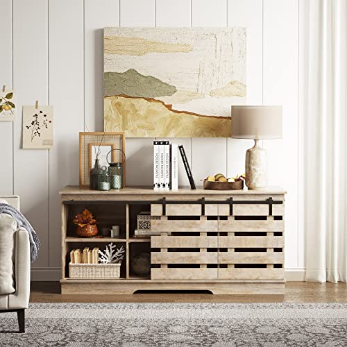 YITAHOME Bar Cabinet, 60β Farmhouse Sliding Barn Door Cabinet Sideboard Buffet Cabinet with Capacity 300 lbs for Home Kitchen Dinning Living Room, Grey Wash