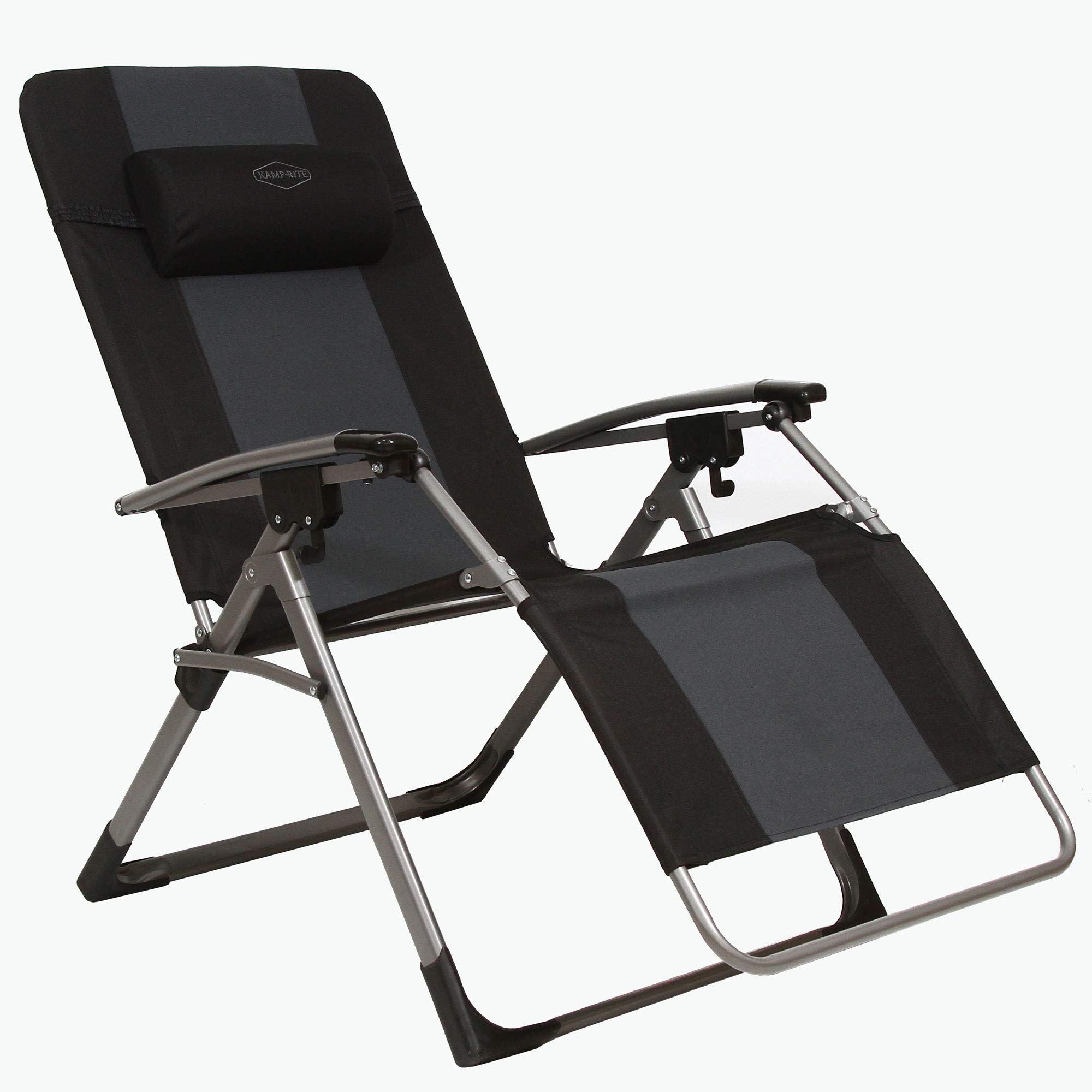 Kamp-Rite Outdoor Folding Reclining Zero Gravity Beach Lawn Chair w/Headrest for Backyard, Camping, Tailgating, & Sports, 300 LB Capacity, Gray/Black
