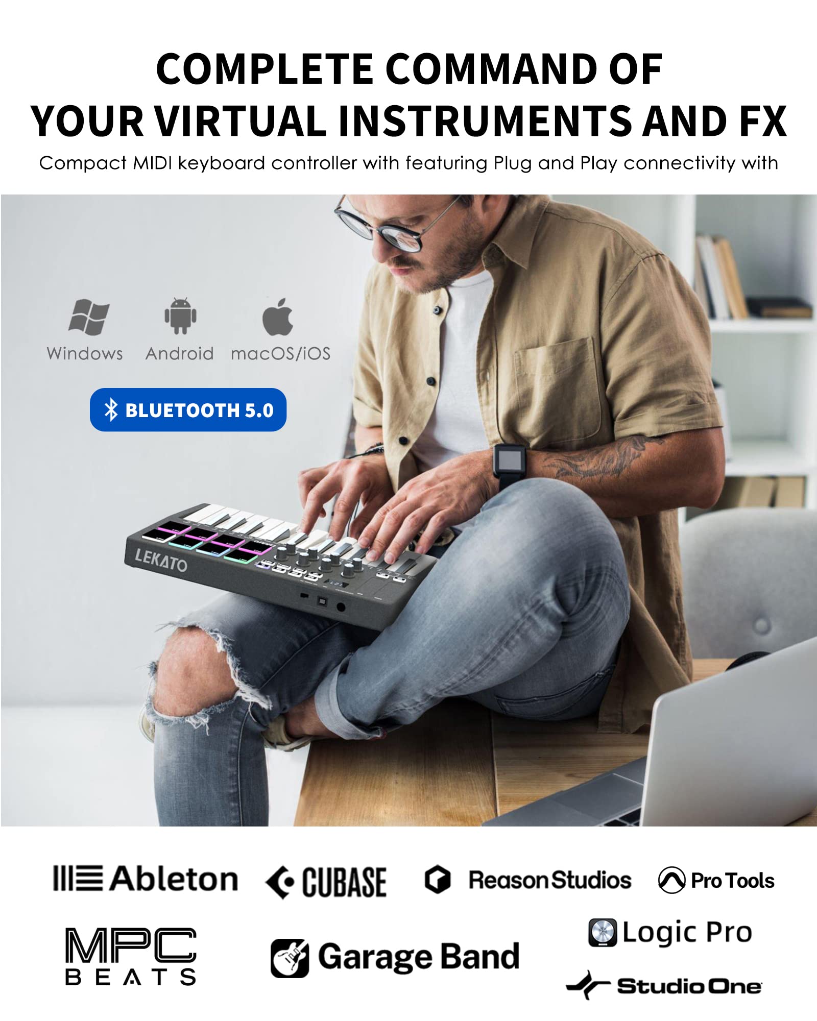 LEKATO 25 Key USB MIDI Keyboard Controller With 8 Backlit Drum Pads, Bluetooth Semi Weighted Dynamic Keybed 8 Knobs and Music Production, Smart Scales, Chords, Software Included