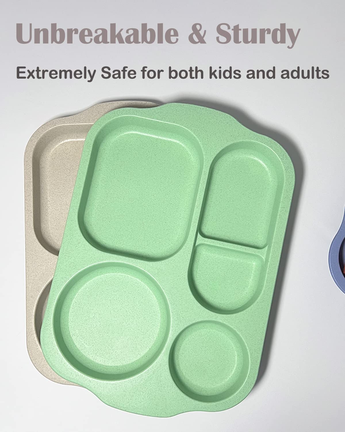KITLAB Unbreakable Divided Plates, 4 Pack Wheat Straw Tray, Large Fast Food Tray for Toddlers Adults Kids Children, Lightweight Plates, Dishwasher and Microwave Safe