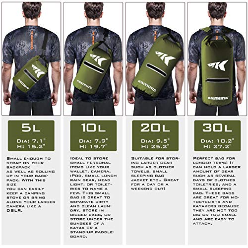 KastKing Cyclone Seal Dry Bag - 100% Waterproof Bag with Phone Case Front Zippered Pocket,Perfect for Beach,Fishing,Kayaking,Boating,Hiking,Camping,Biking,Skiing,Green,30L