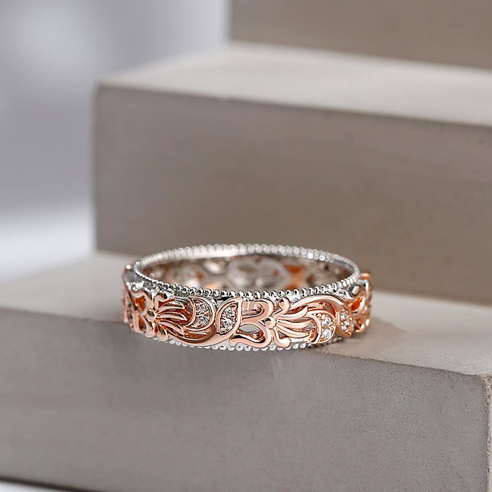 Jeulia Floral Ring Band Sterling Silver Two Tone Leaf Carved Vintage Unique Hollow Flower Rose Gold Jewelry Engagement Wedding Bridal Sets Stackable Anniversary Promise with Gift Box (Floral, 10)