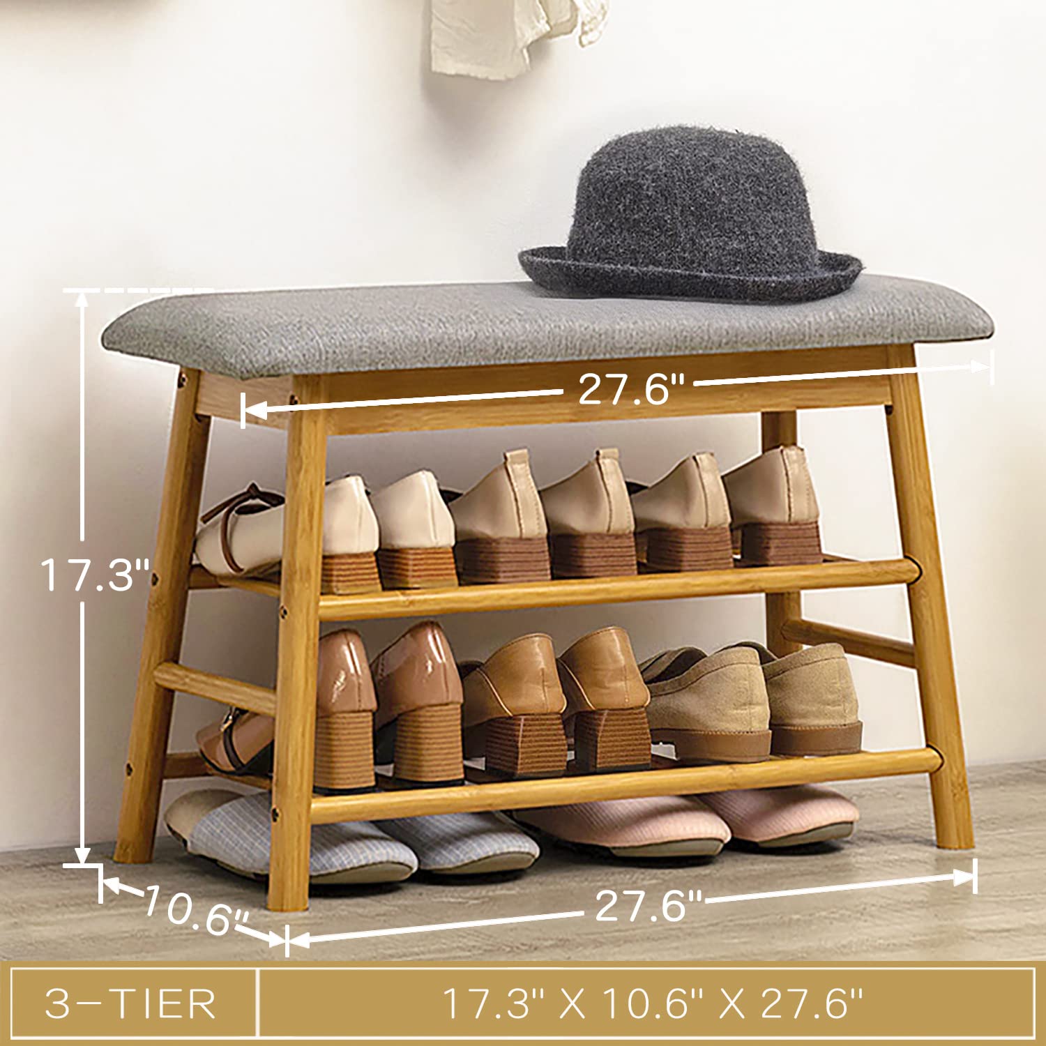 IOTXY Shoe Rack Storage Bench - Bamboo Shoe Shelf with Cushioned Seat and Organizer Compartment, Upholstered Bench for Entryway, Hallway, Bedroom, 27.6"