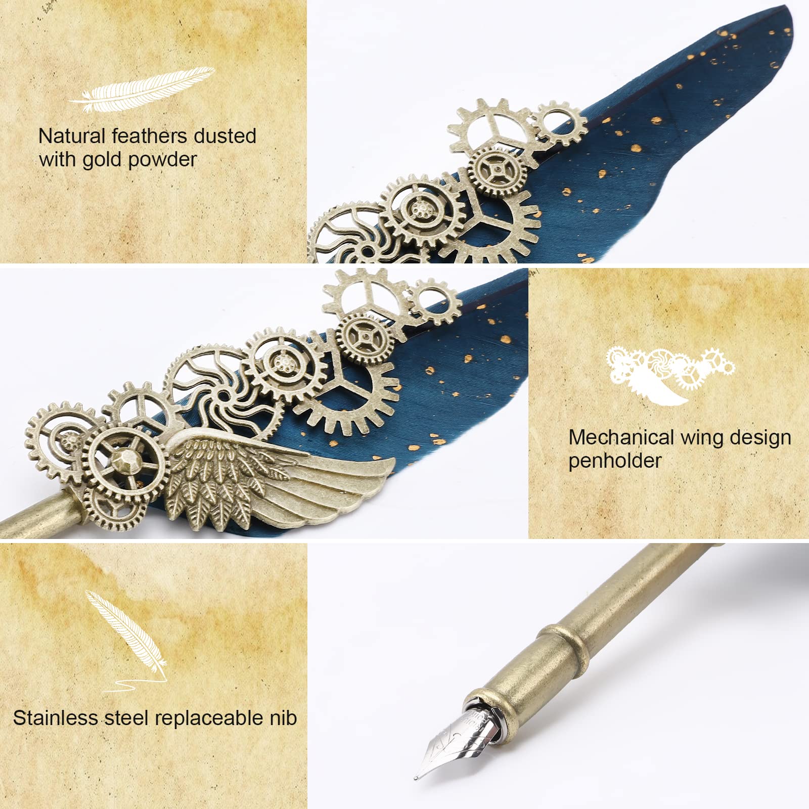 Junhartt Quill Feather Pen and Ink Set - Antique Calligraphy Dip Pen with 6 Nibs (Cyan)