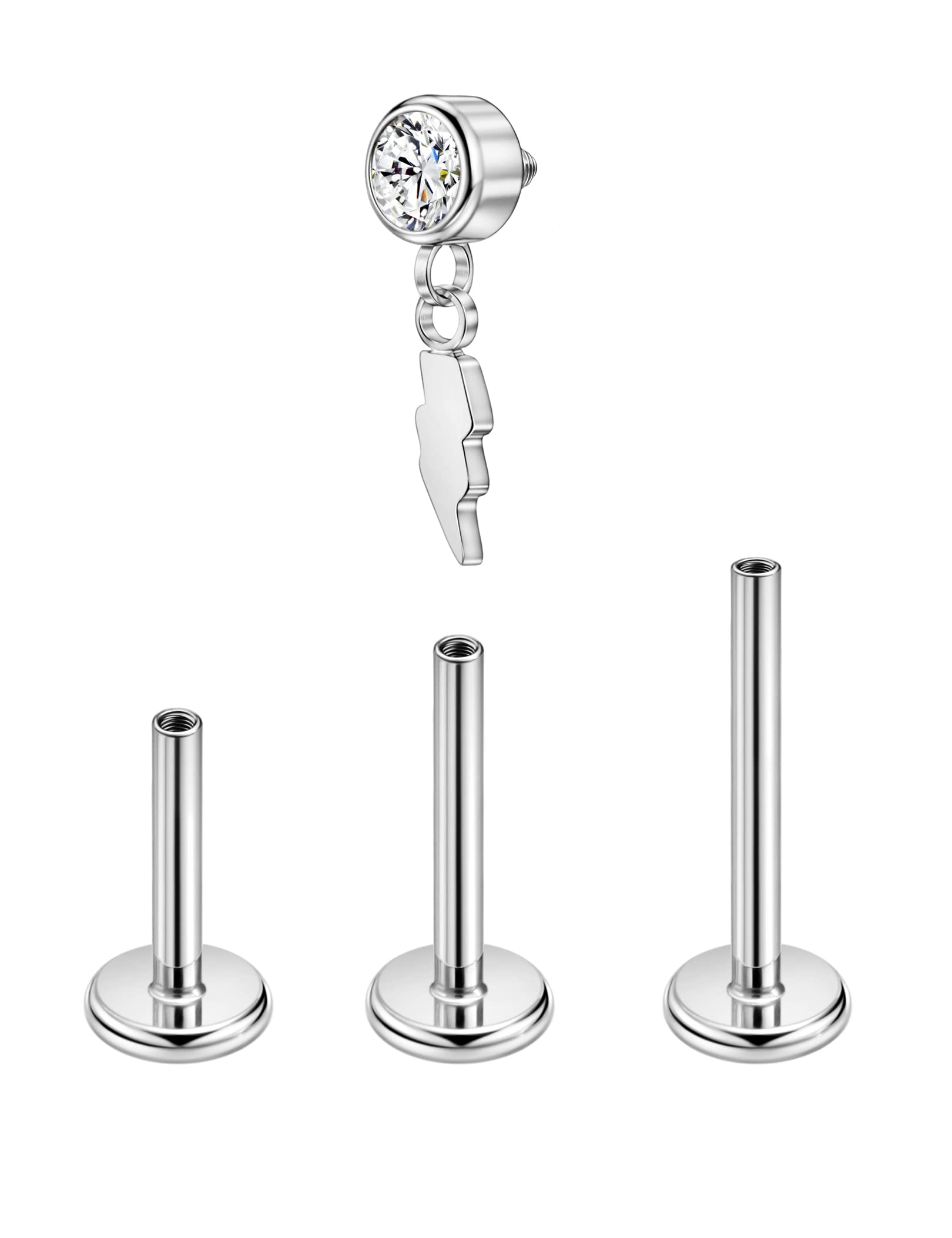 Lightning Dangle Earrings Stud Surgical Steel Silver Cartilage Earring Conch Piercing Jewelry Helix Earrings Tragus Earrings Clear CZ End with 18g 6mm 8mm 10mm Internally Threaded Posts