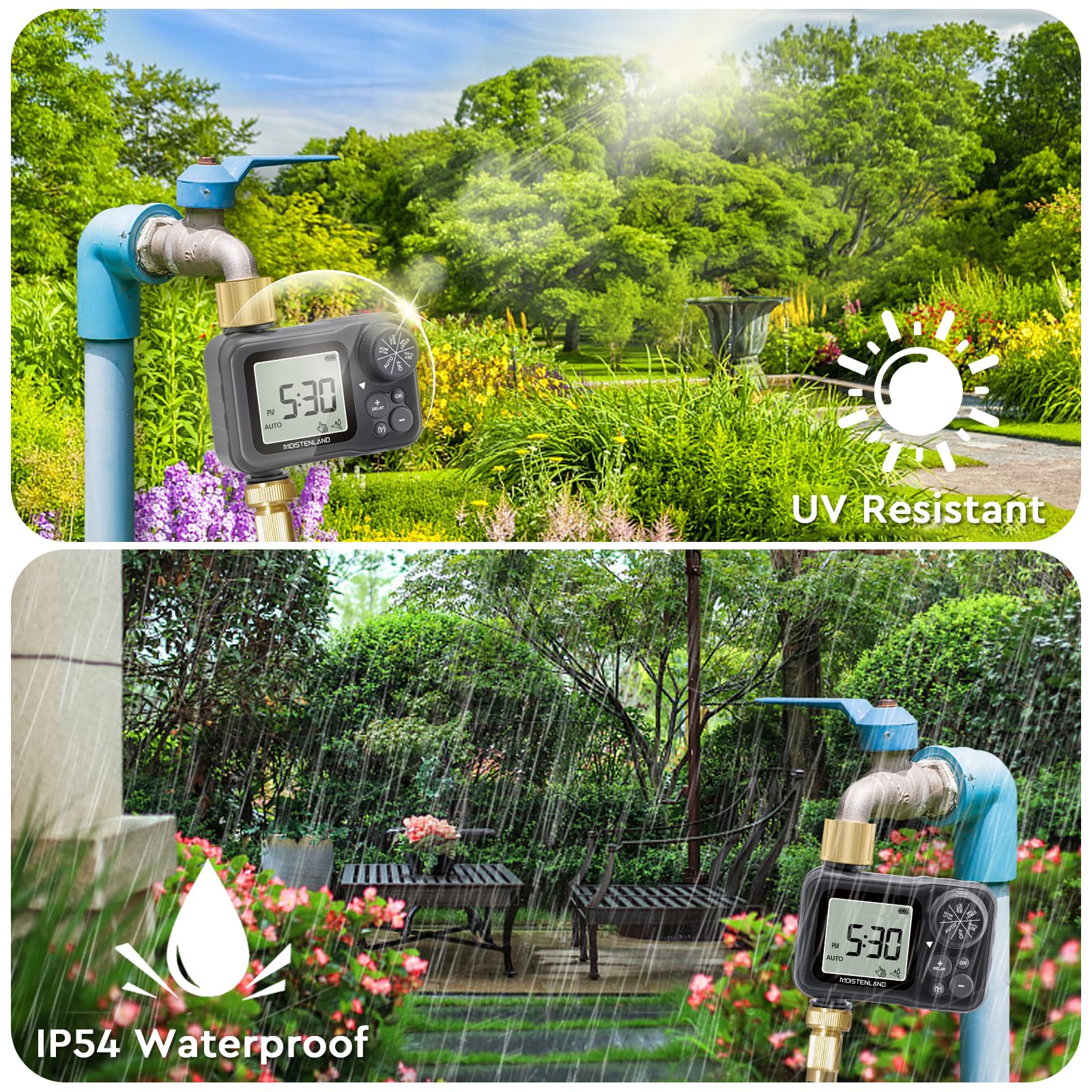 Moistenland Sprinkler Timer with Brass Swivel, Water Timer for Garden Hose, Hose Timer, with Rain Delay/Manual/Automatic Watering System, IP54 Waterproof, 2.6 Inches Large Screen(1 Outlet)