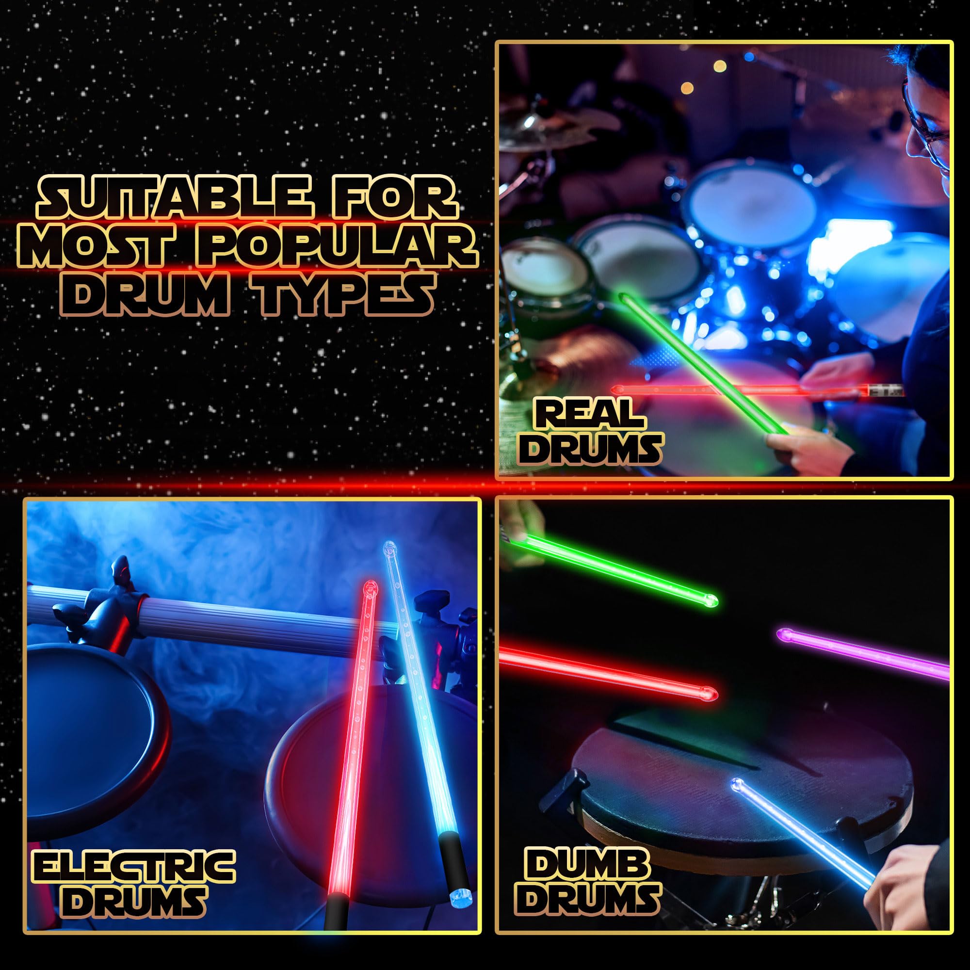 Lightsaber Drum Sticks Light Up Drum Sticks For Adults Lighted LED Rechargeable 15 Color Changing Star Wars Glow Drumming Drumsticks Glowing Drummer Plastic Drum Stick Anime Gift Set 2Sticks Per Pack