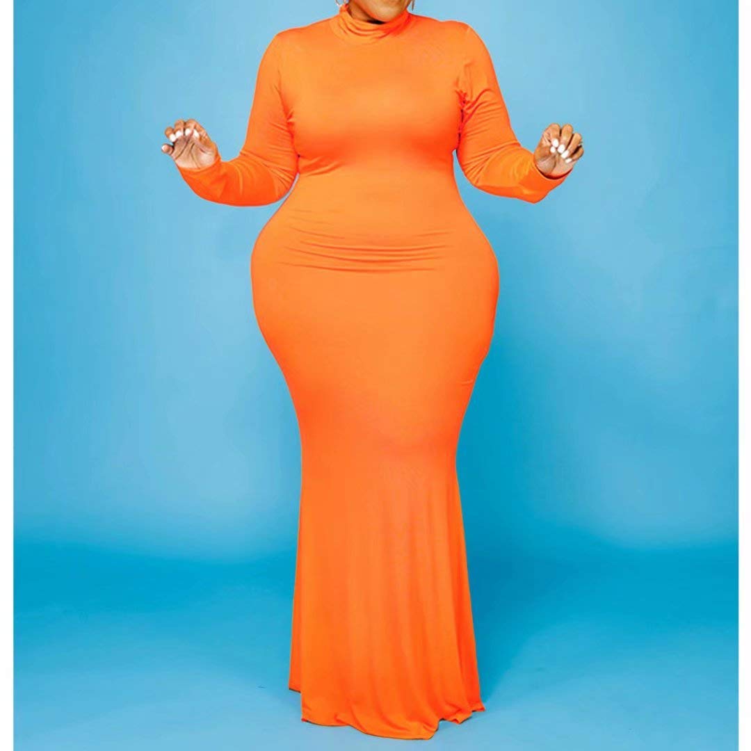 IyMoo Women's Sexy Plus Size Bodycon Turtleneck Cocktail Evening Mixi Dress Orange 4XL