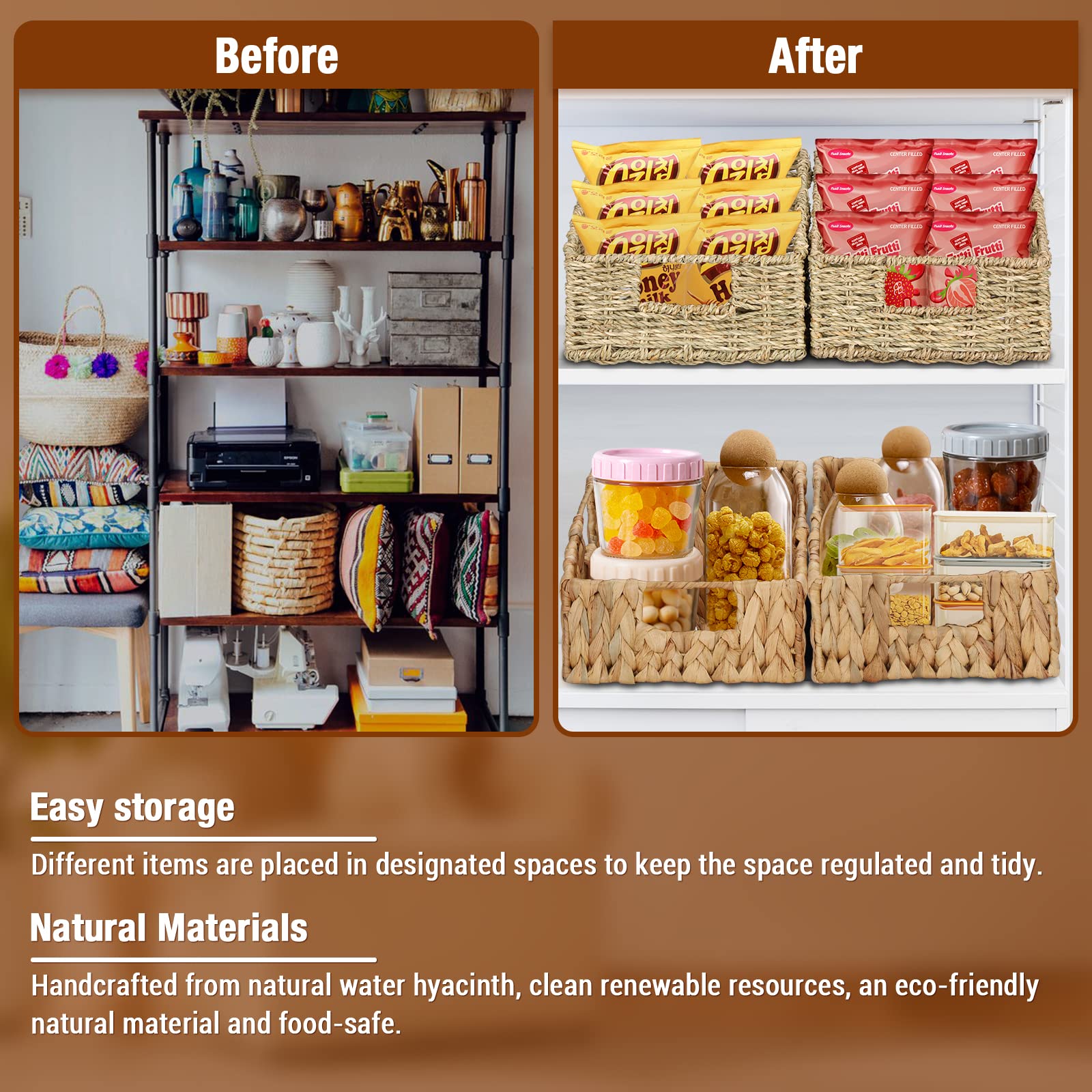 kenvc 2Pack Water Hyacinth Storage Baskets,Wicker Baskets for Organizing, Wicker Basket With Handle,Water Hyacinth Storage Baskets for Pantry Shelf Closet, 8 ½"L x 10 ¼"W x 7 ½"H