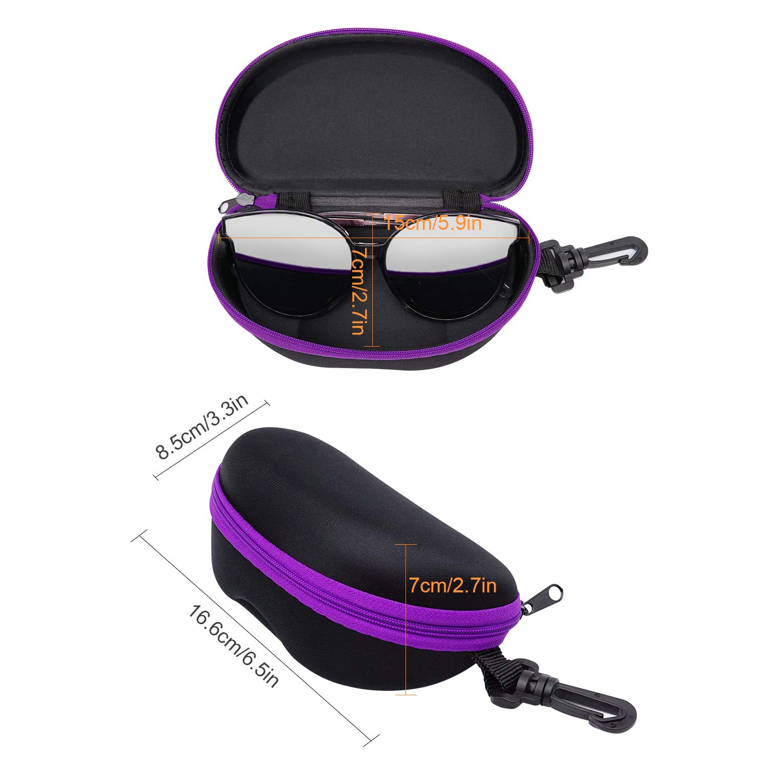 INNOLIFE 3 PCS Large Size Zipper Shell Sunglasses Glasses Case with Plastic Carabiner Hook & 3 PCS Glasses Pouch & 3 PCS Cleaning Cloth(black)