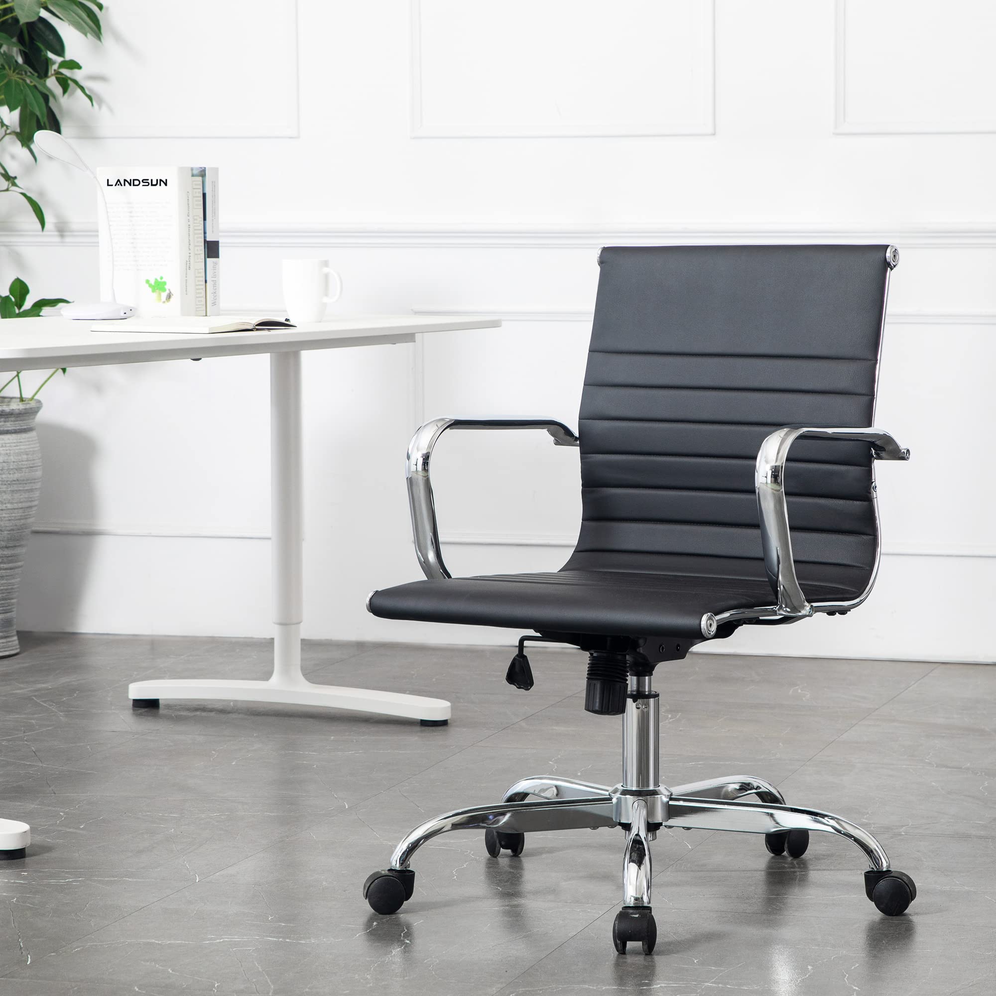 LANDSUN Home Office Chair Mid Back PU Leather Ribbed Swivel Tilt Adjustable Computer Desk Chair with Armrest Executive Conference Black