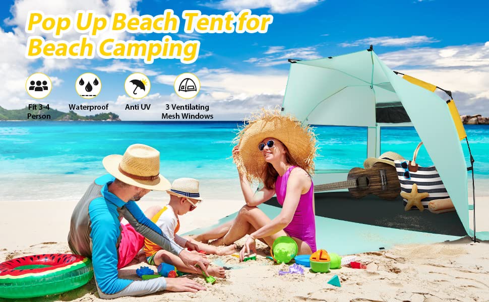 LIMRACVE Pop Up Beach Tent Shade Sun Shelter for 4-5 People with UPF 50+ Protection, Beach Canopy with 3 Ventilation Windows, Extended Floor, Sandbags, Stakes & Guy Lines(Turquoise)