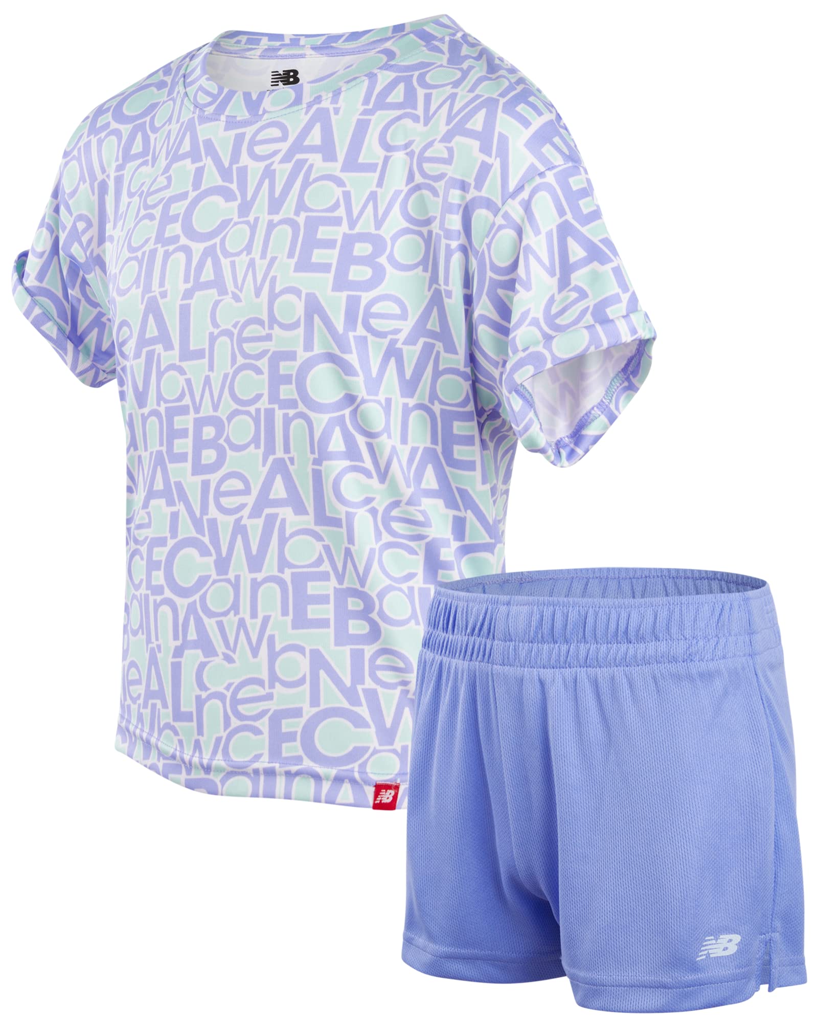 New Balance Girls' Active Shorts Set - 2 Piece Performance T-Shirt and Gym Shorts (4-12), Size 7/8, Light Surf/Vibrant Violet
