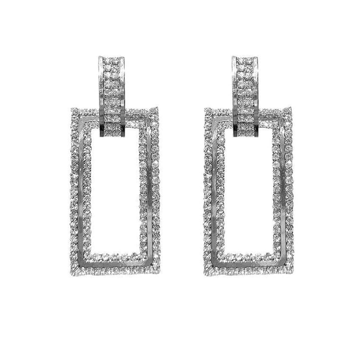 KaFu Fashion Statement Long Drop Earrings Boho Large Metal Rectangle Geometric Dangle Earrings Gorgeous Geometric Rhinestone jewelry Gift For Women (silver)