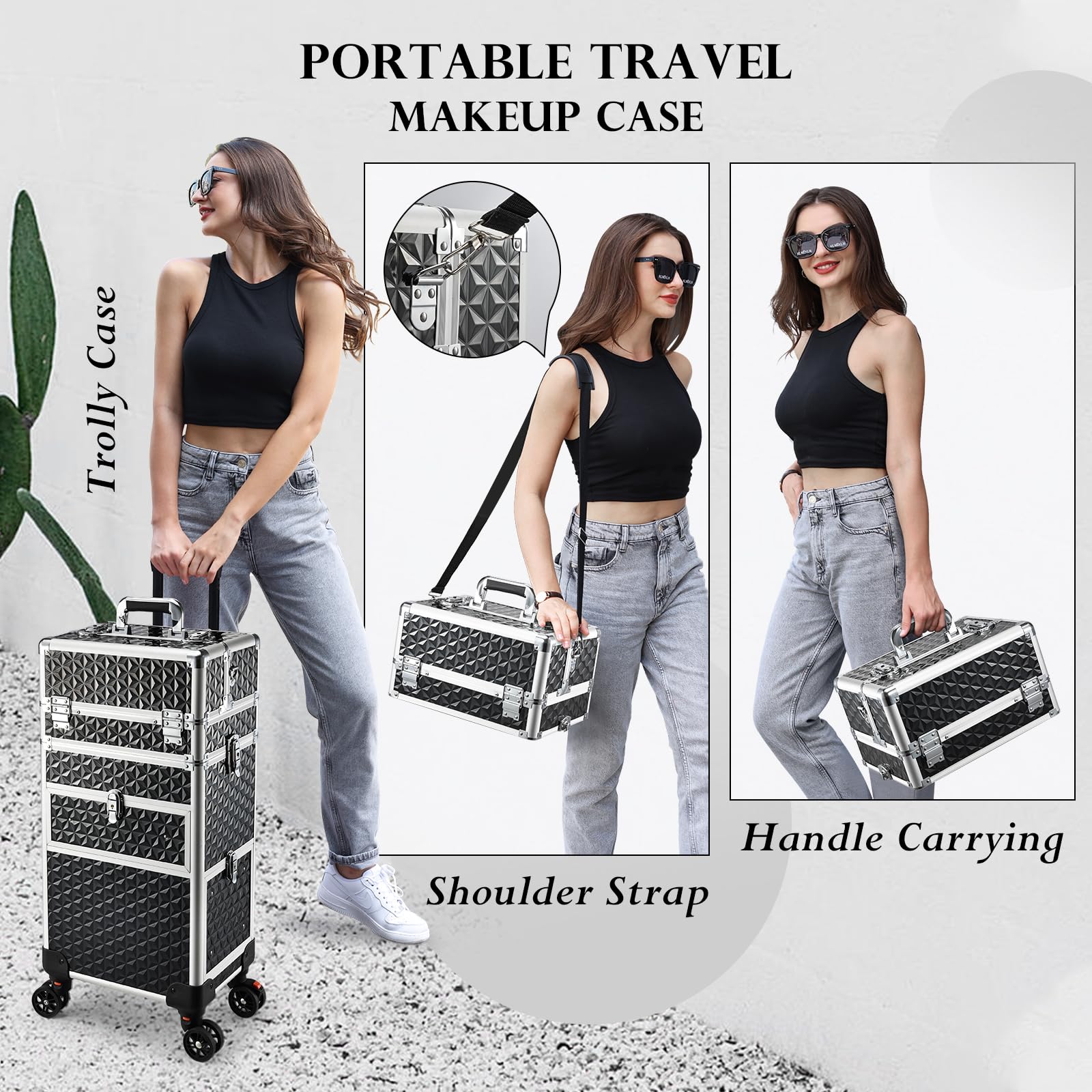 Joligrace Rolling Makeup Case with Wheels Professional Cosmetology Large Train Case Wheeled Cosmetic Trunk with 8 Divided Trays for Makeup Artist, Hair Stylish or Home Use - Black