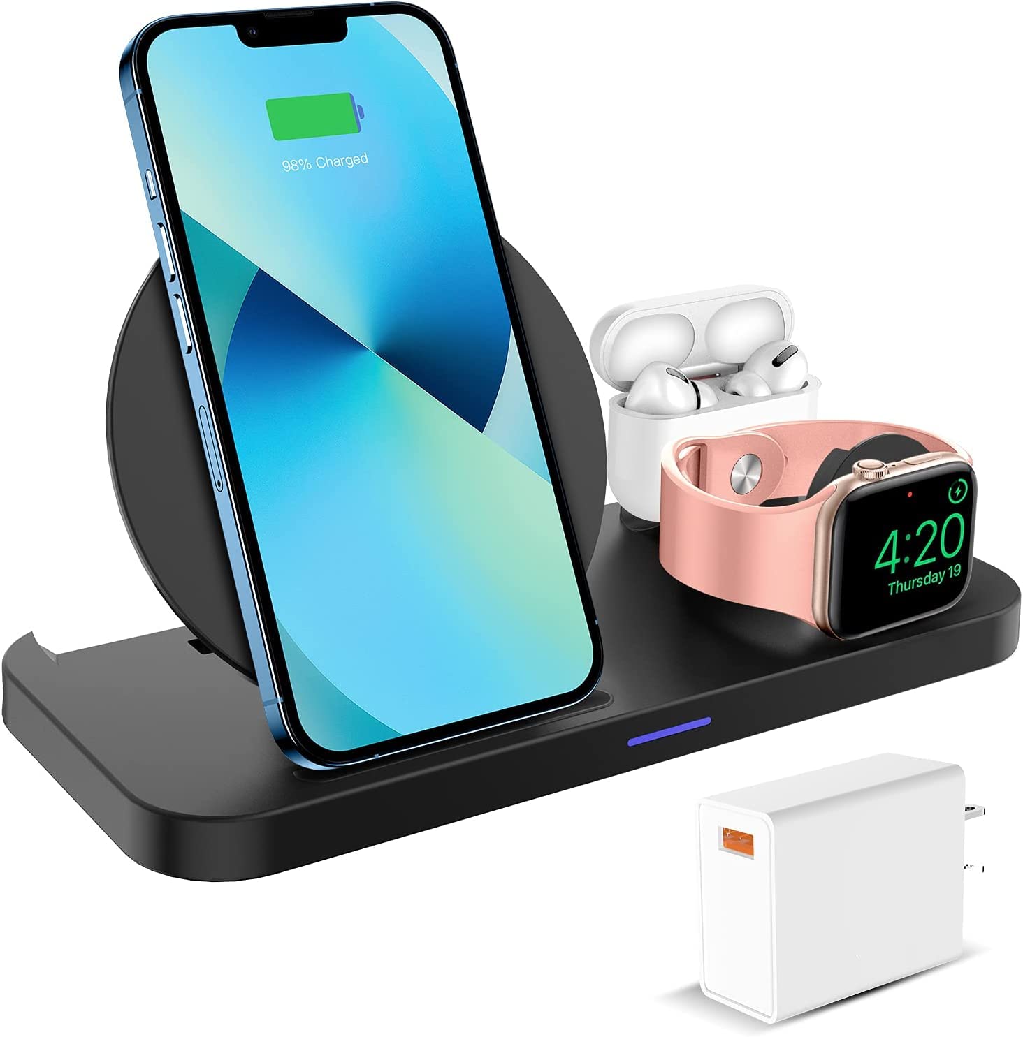 KKM Wireless Charger, 3 in 1 Qi-Certified Fast Wireless Charging Station Compatible with iPhone 14 Pro/14 Pro Max/14/14 Plus/13/12/11/XS, Charging Stand Dock for Apple Watch & AirPods (with Adapter)