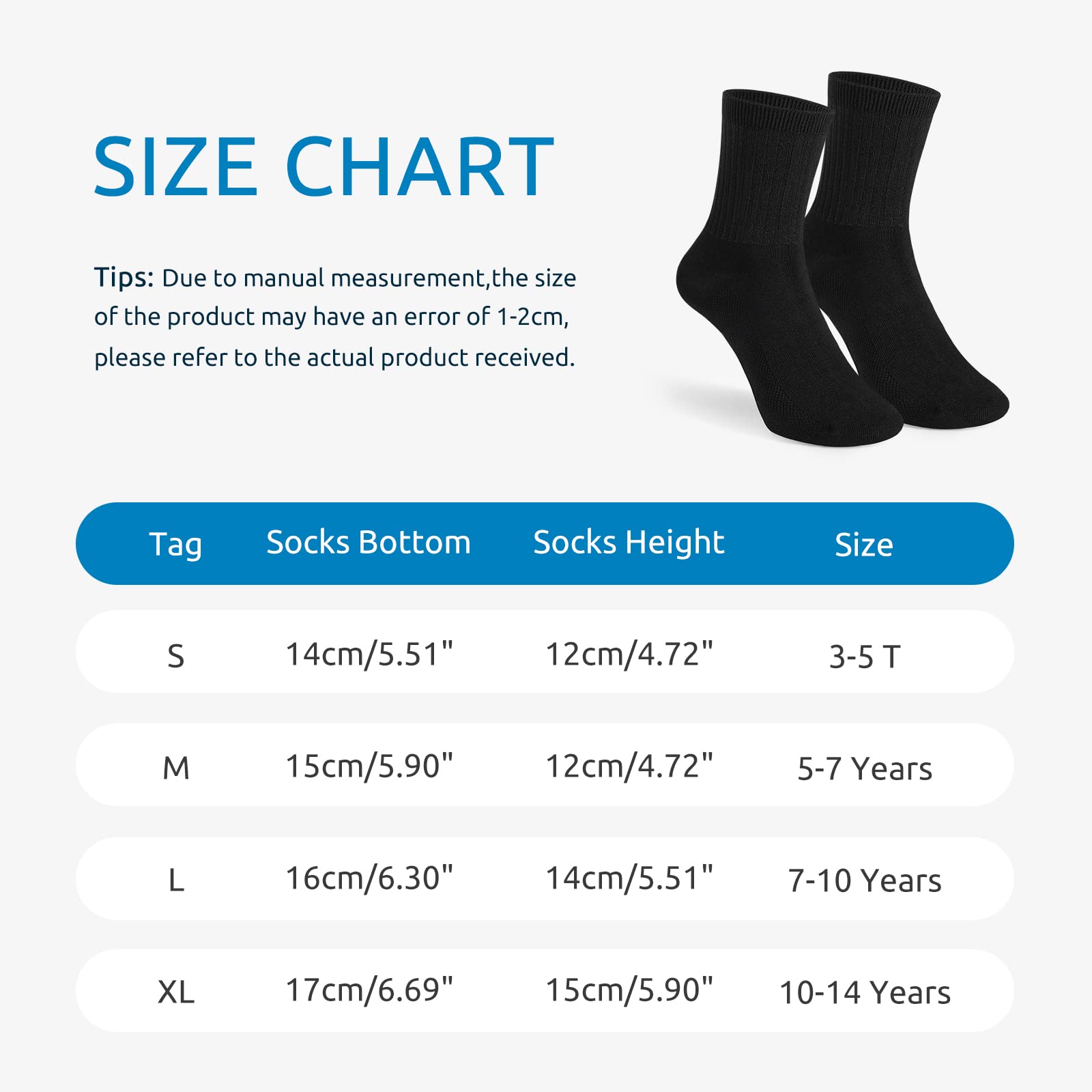 KEREDA Boys Girls Cushioned Crew Socks Athletic Training Socks for Active Kids 6 Pairs 7-10 Years Black