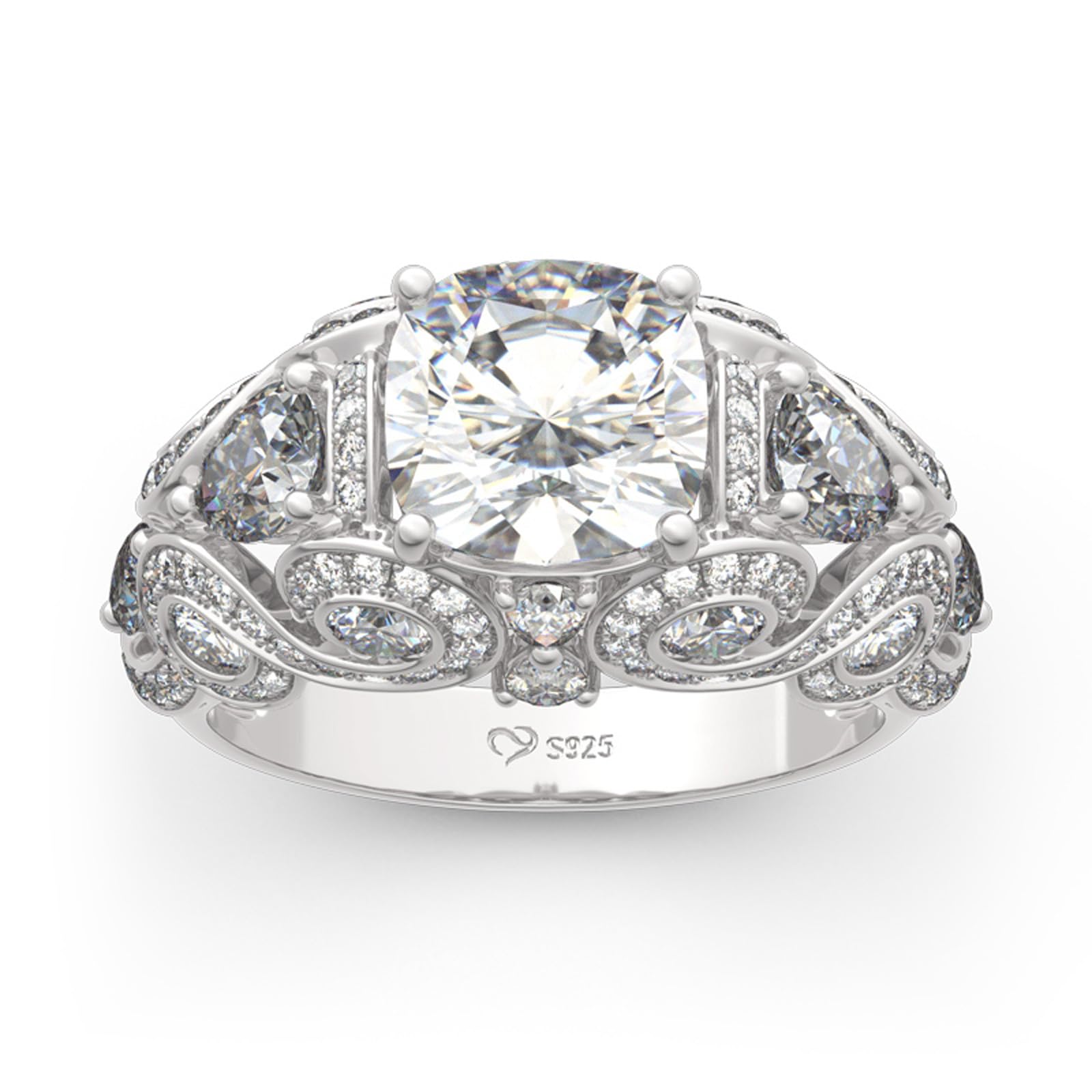 Jeulia Vintage Lace Design Cushion Cut Sterling Silver Ring Cubic Zirconia CZ Engagement Anniversary Eternity Promise Wedding Band Ring for Women (9.5)
