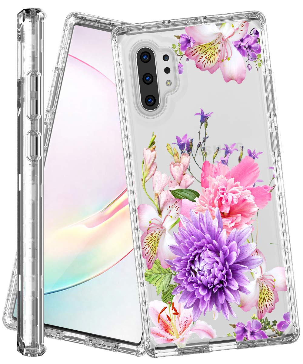 IN4U Galaxy Note 10 Plus Case, Full Body Military Grade Shockproof Transparent 3in1 Flower Design 360 Protective Cover Without Built-in Screen Protector for Samsung Galaxy Note 10 Plus (Floral)