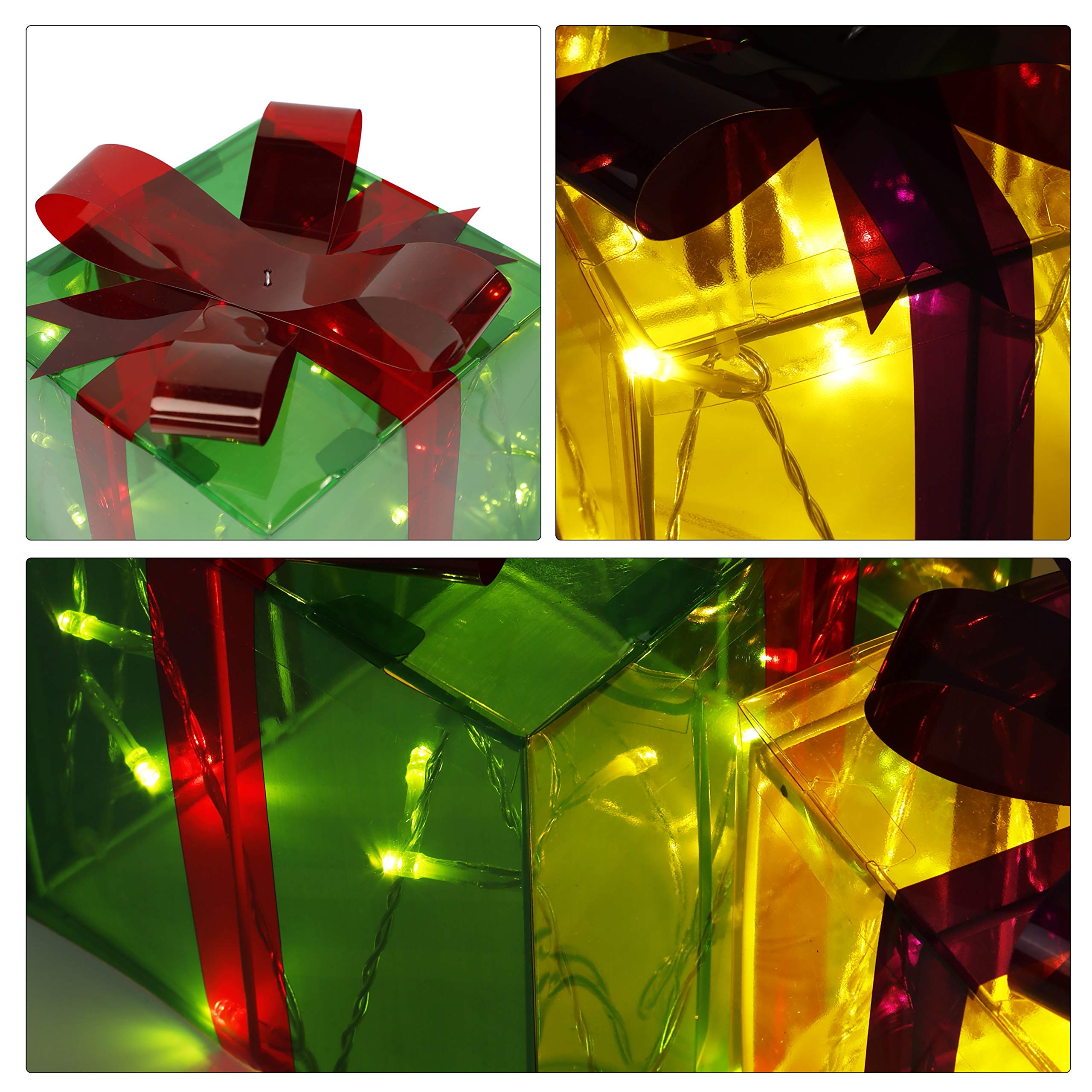 Joliyoou Christmas Lighted Gift Boxes, Set of 3 Light Up 60 LED Deocr Outdoor, Light Up Christmas Boxes Present Decorations Outdoor Yard Red Green Yellow