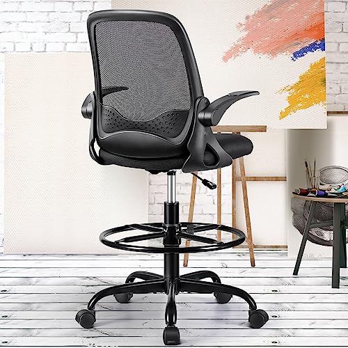 KERDOM Drafting Chair Tall Office Chair Ergonomic Computer Standing Desk Chair Swivel Work Chair with Flip-up Armrests and Adjustable Footrest Ring (933Z Black)
