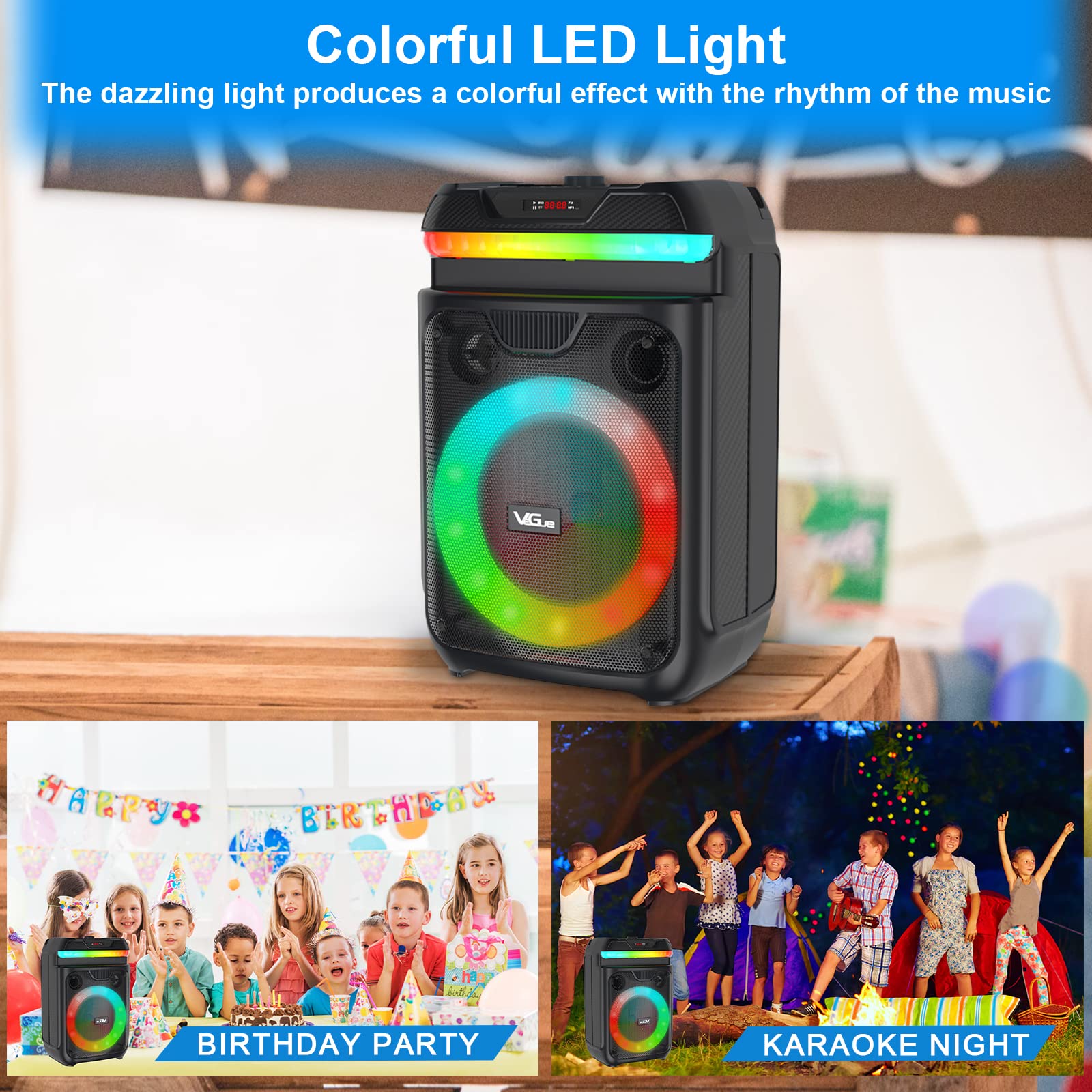 Karaoke Machine with Wireless Microphone, VeGue Portable Bluetooth Speaker with Colorful LED Light, REC, Remote Control, FM Radio, Supports AUX/USB/TF Card, Ideal for Home Karaoke, Party (VS-0803BL)