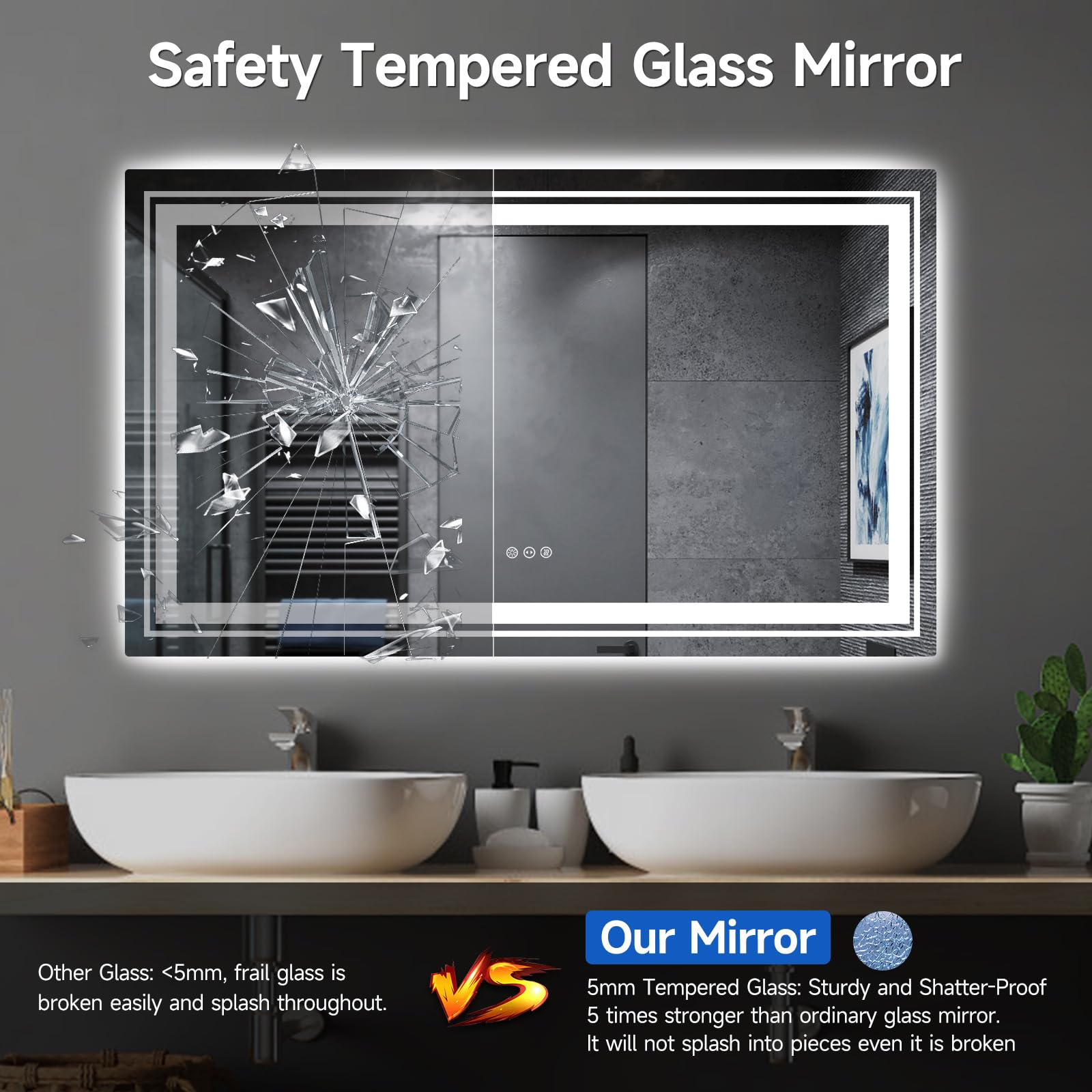 KIURENGT LED Bathroom Mirror 36 * 28" Anti-Fog Wall Mounted Bathroom Mirror, Bathroom Vanity Mirror with Lights with 3 Colors Dimmable, Shatter-Proof, Tempered Glass