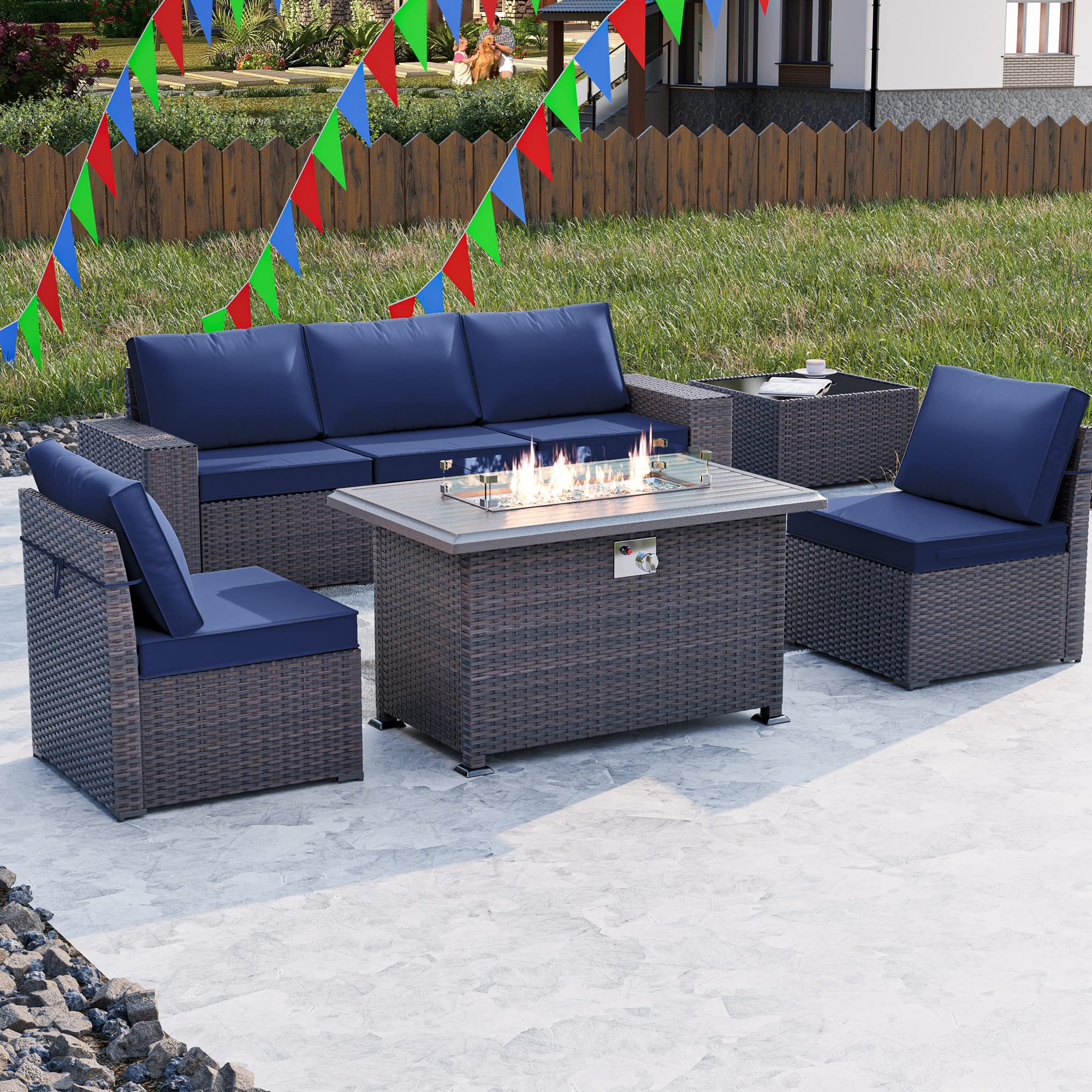 Kullavik 7 Pieces Outdoor Patio Furniture Set with 43" Gas Propane Fire Pit Table PE Wicker Rattan Sectional Sofa Patio Conversation Sets,Navy Blue