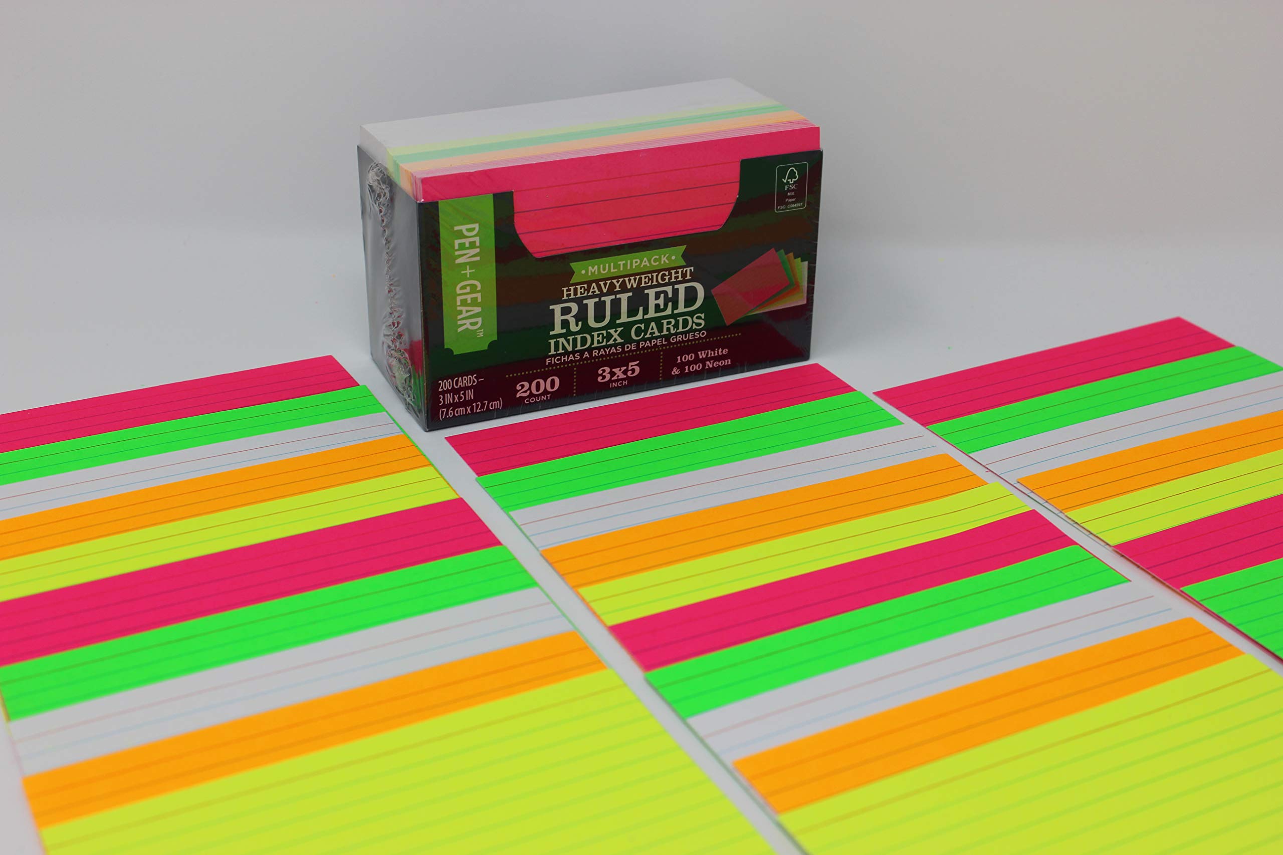 Heavy Weight Ruled Index Cards 5 x 3 inches, 200 count, (100 White & 100 Neon)