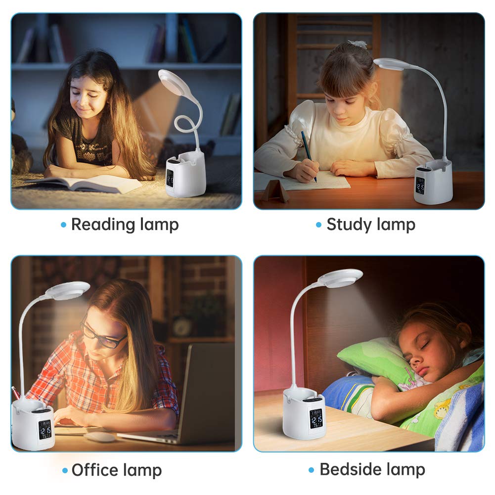 KKUYI LED Desk Lamp with Pencil Holder, Kids Desk Lamp with Clock, 3 Brightness Boys Lamp with Organizer Dimmable Table Lamp for Teens, Rechargeable Study Lamp for Home and Office