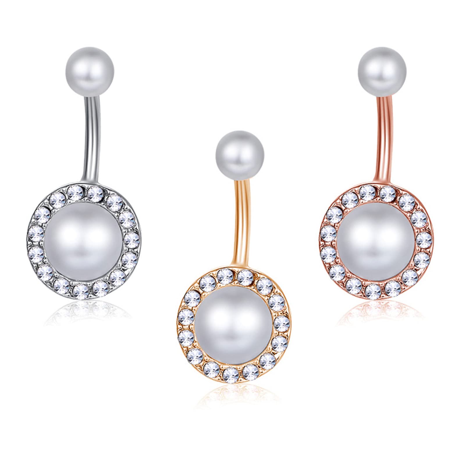 Lenacou Pearl Flower Belly Button Rings 14G Surgical Stainless Steel Navel Barbell Stud Cubic Zirconia Body Piercing (Silver)